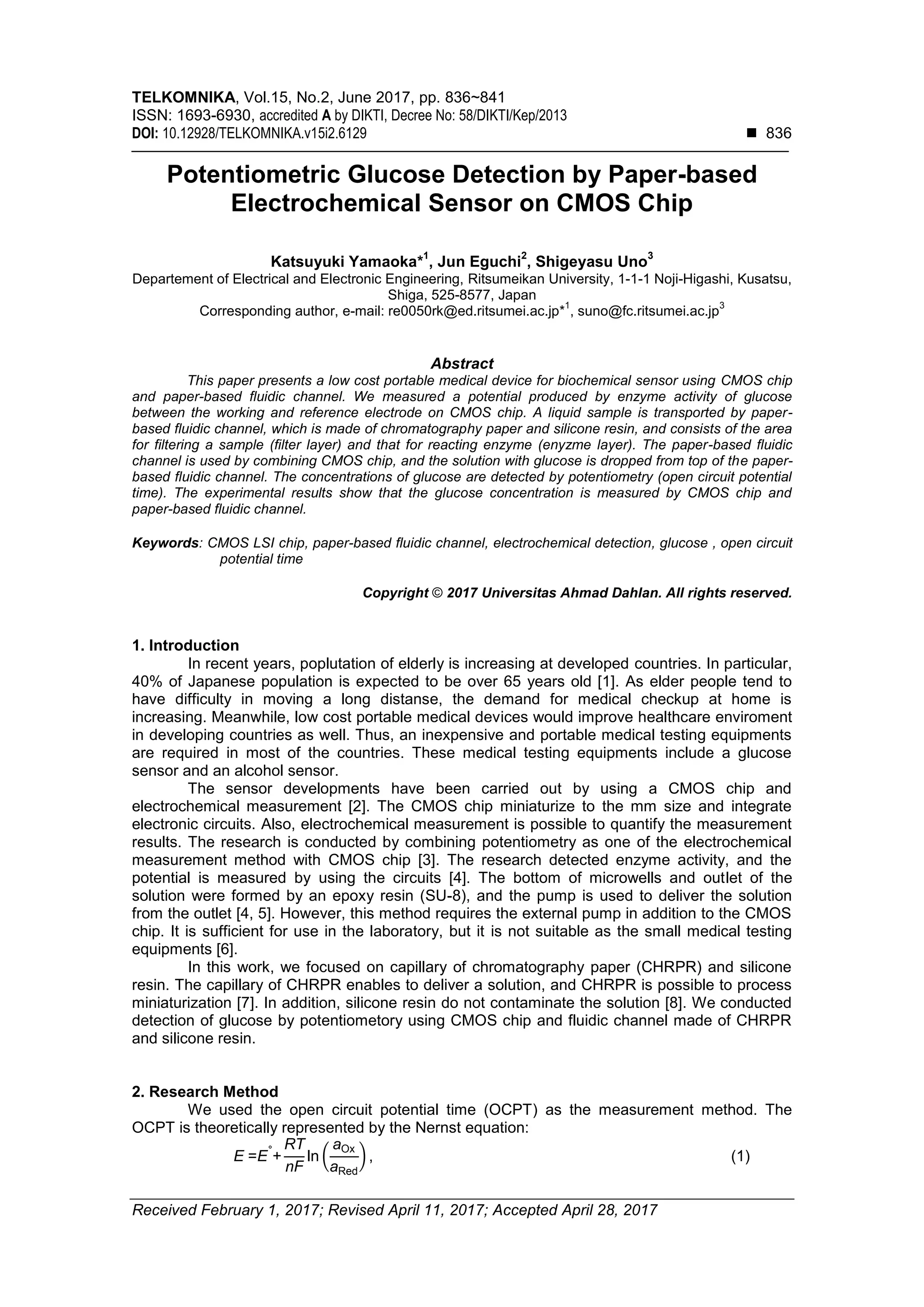 Potentiometric Glucose Detection By Paper Based Electrochemical Sensor On Cmos Chip Pdf