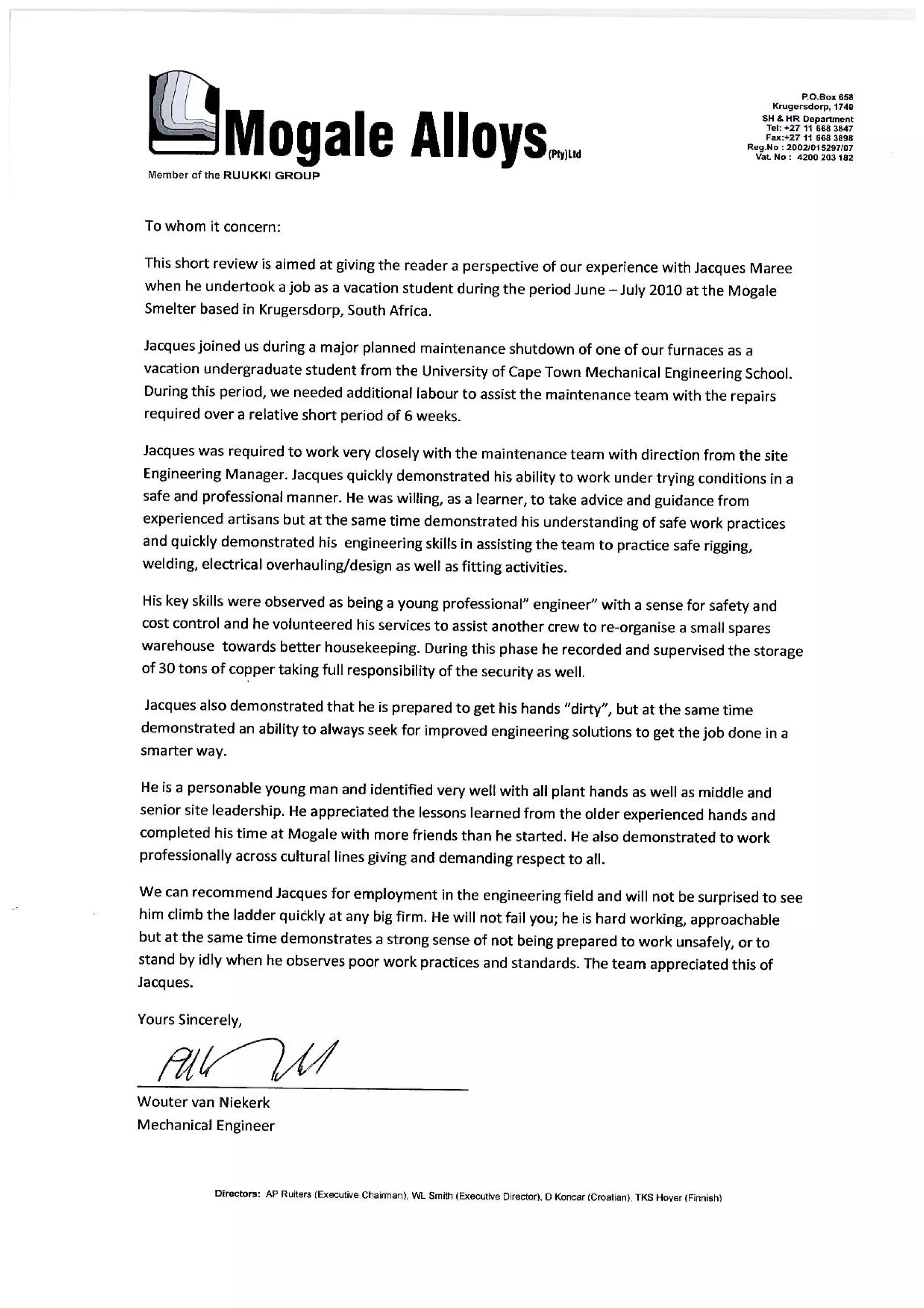 Ruukki Mogale Alloys Letter | PDF