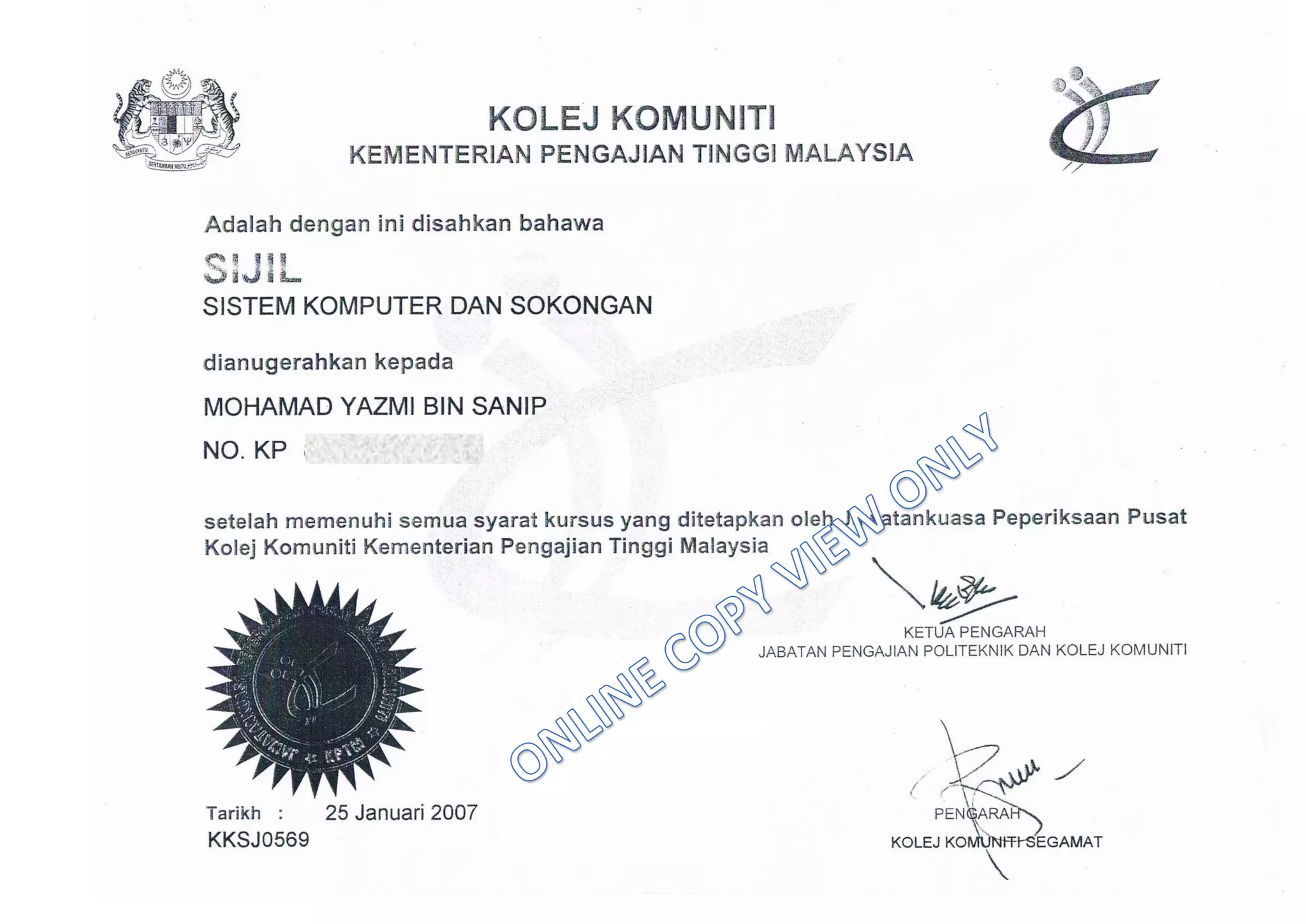 SIJIL KOLEJ ONLINE COPY | PDF