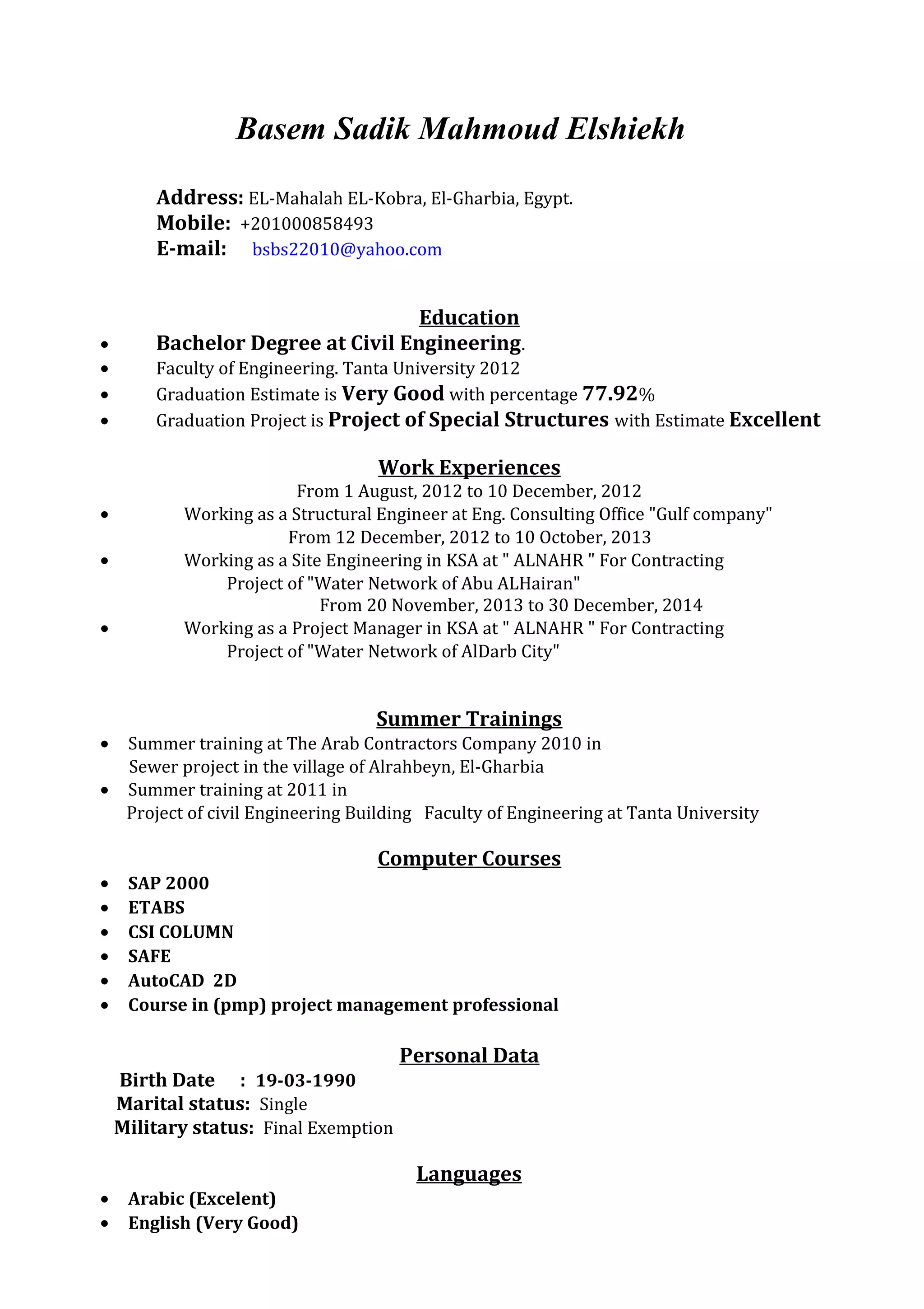 Basem_Sadik_Mahmoud_Elshiekh1 | DOC | Civil Engineering Industry | Industries