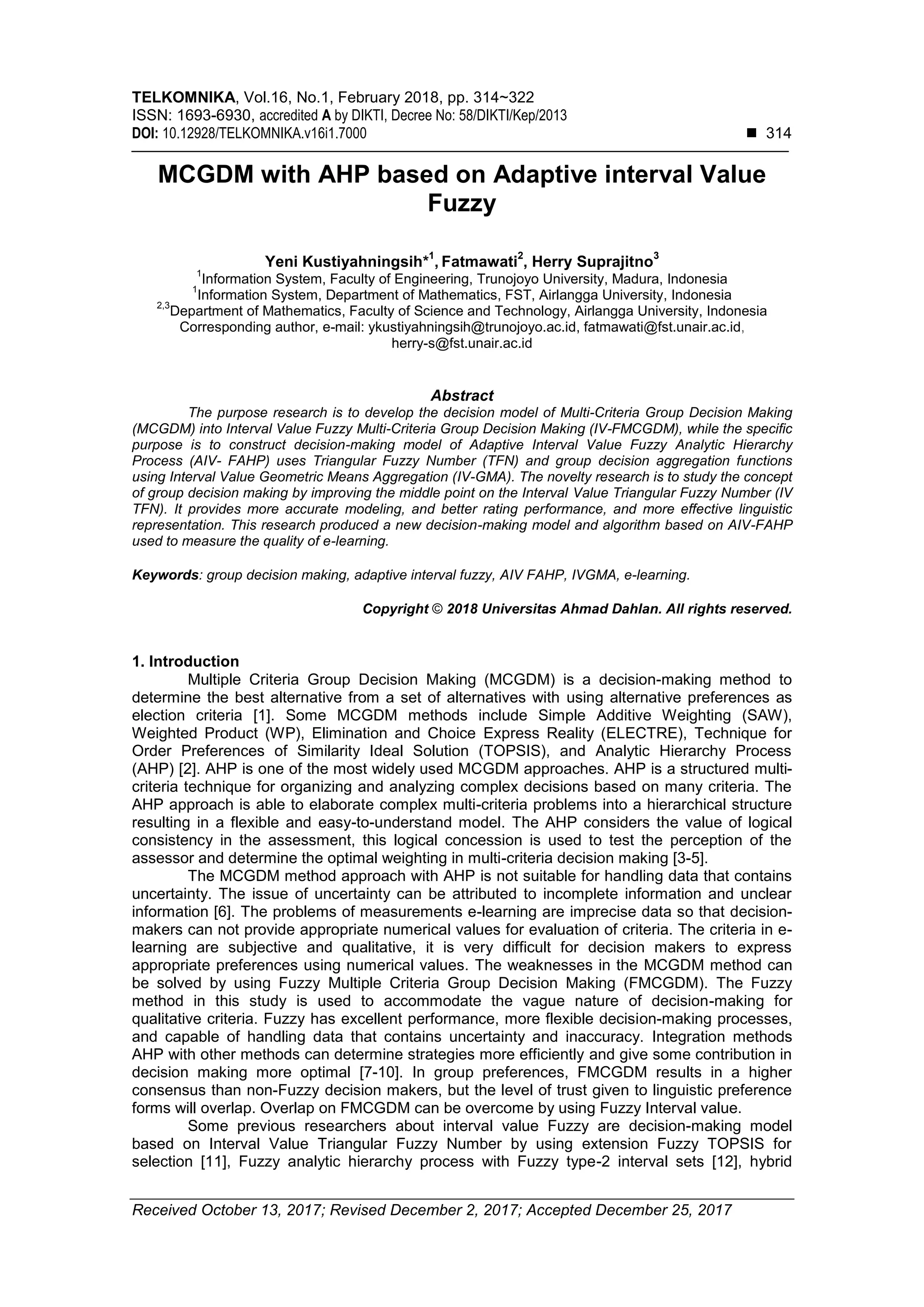 MCGDM with AHP based on Adaptive interval Value Fuzzy | PDF