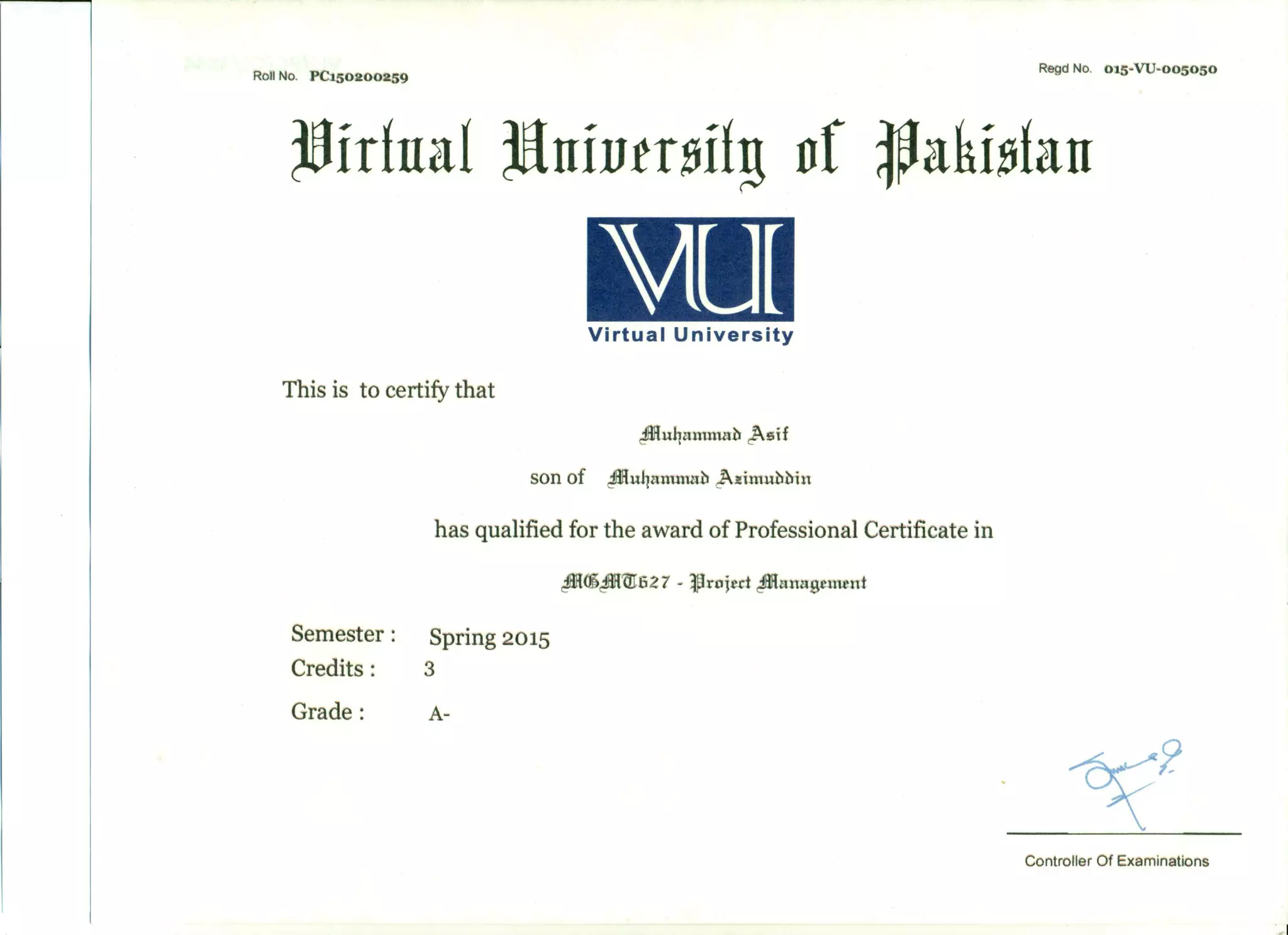 Asif Azeem- 2015 VU Certificate Course of Project Management | PDF
