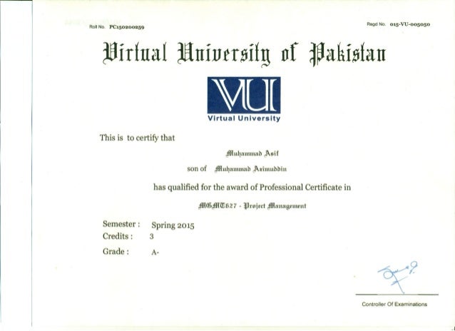 Asif Azeem- 2015 VU Certificate Course of Project Management Asif Azeem- 2015 VU Certificate Course of Project Management