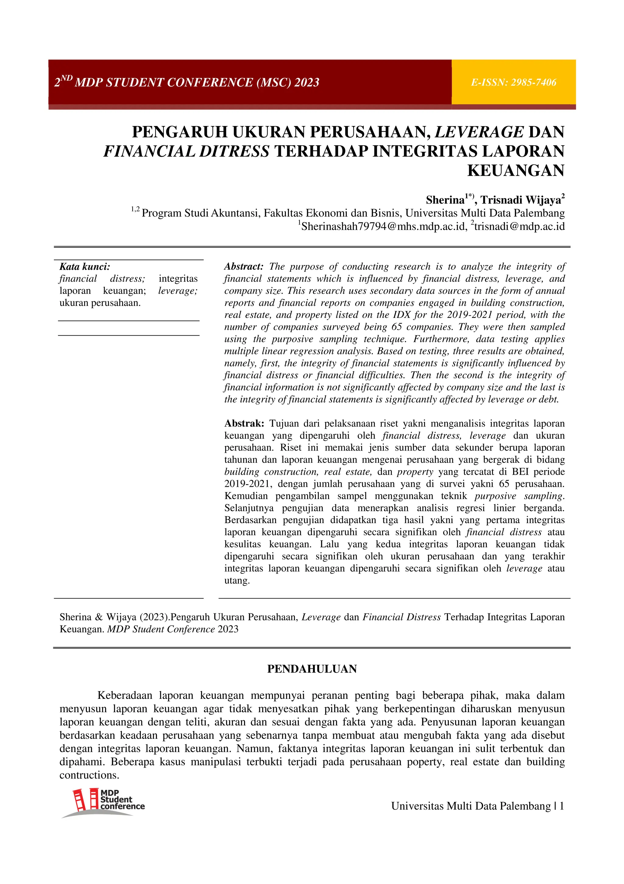 Pengaruh Ukuran Perusahaan, Leverage dan Financial Ditress Terhadap Integritas Laporan Keuangan ...