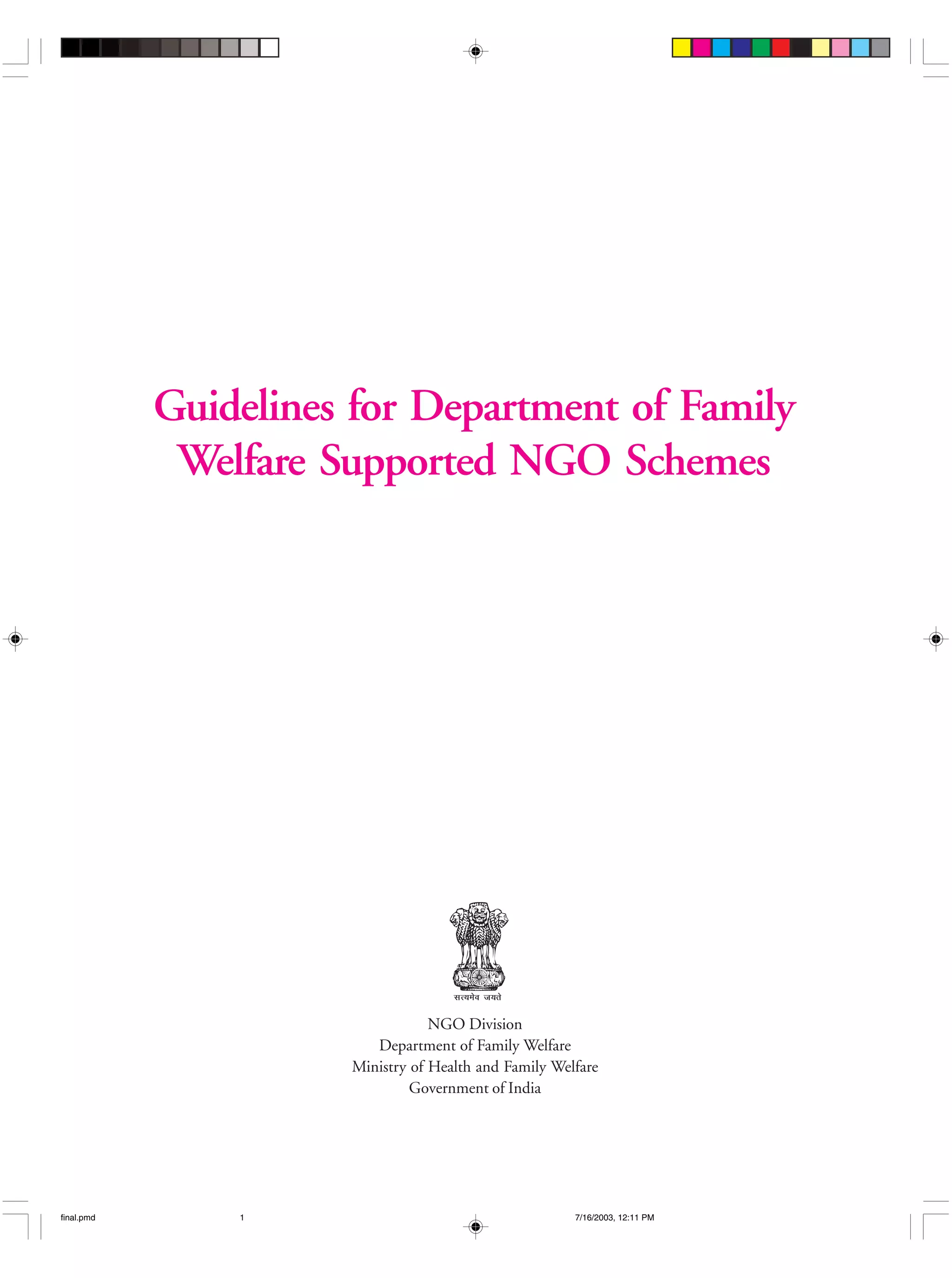 NGO SCHEMES GUIDELINES OF DEPARTMENT OF FAMILY WELFARE. | PDF