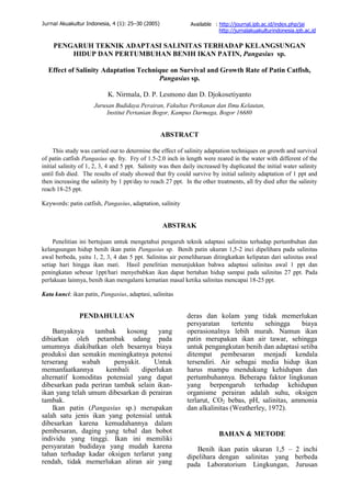 PENGARUH TEKNIK ADAPTASI SALINITAS TERHADAP KELANGSUNGAN HIDUP DAN PERTUMBUHAN BENIH IKAN PATIN ...