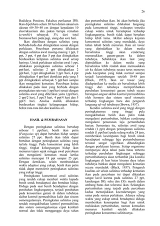 PENGARUH TEKNIK ADAPTASI SALINITAS TERHADAP KELANGSUNGAN HIDUP DAN PERTUMBUHAN BENIH IKAN PATIN ...