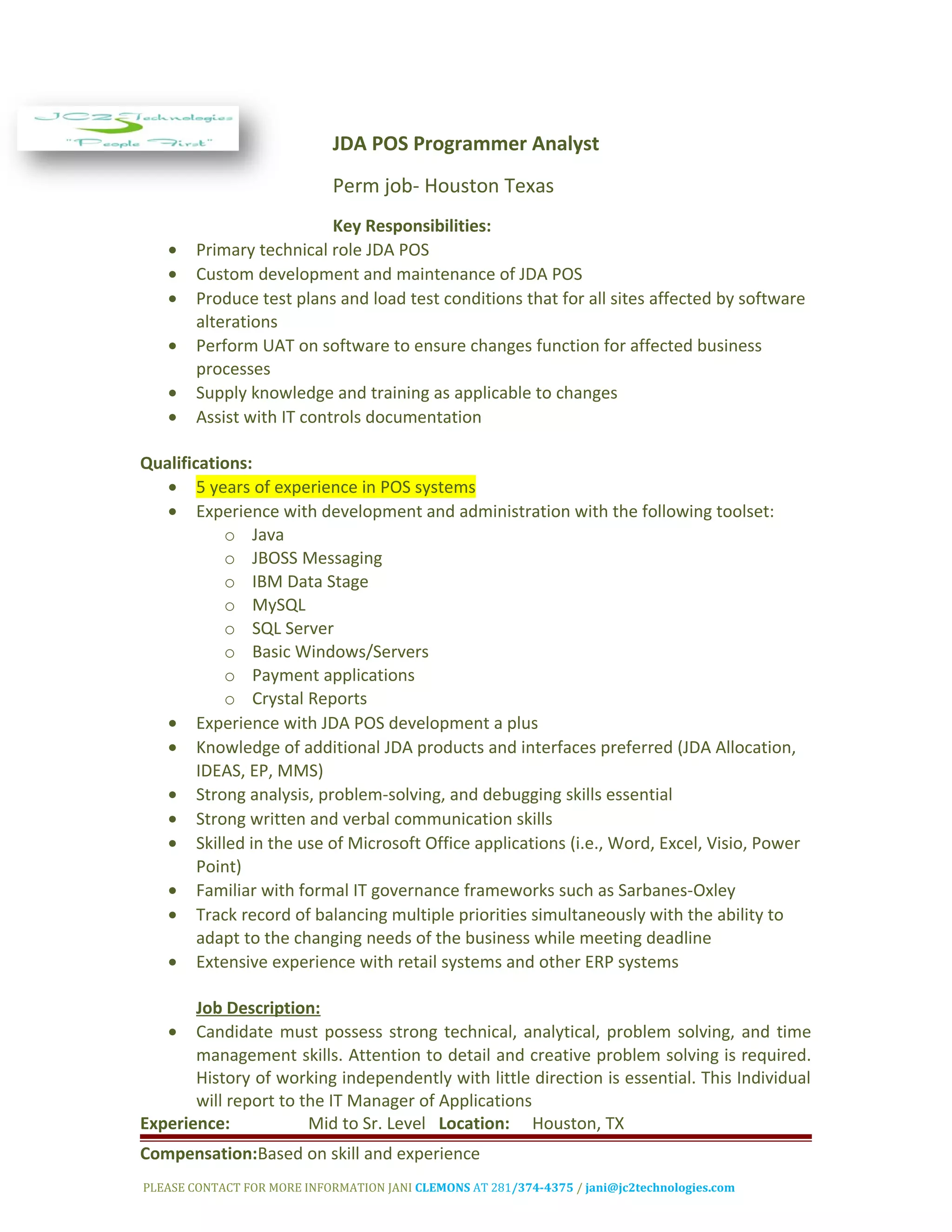 JDA POS Programmer Analyst 150414 | DOC