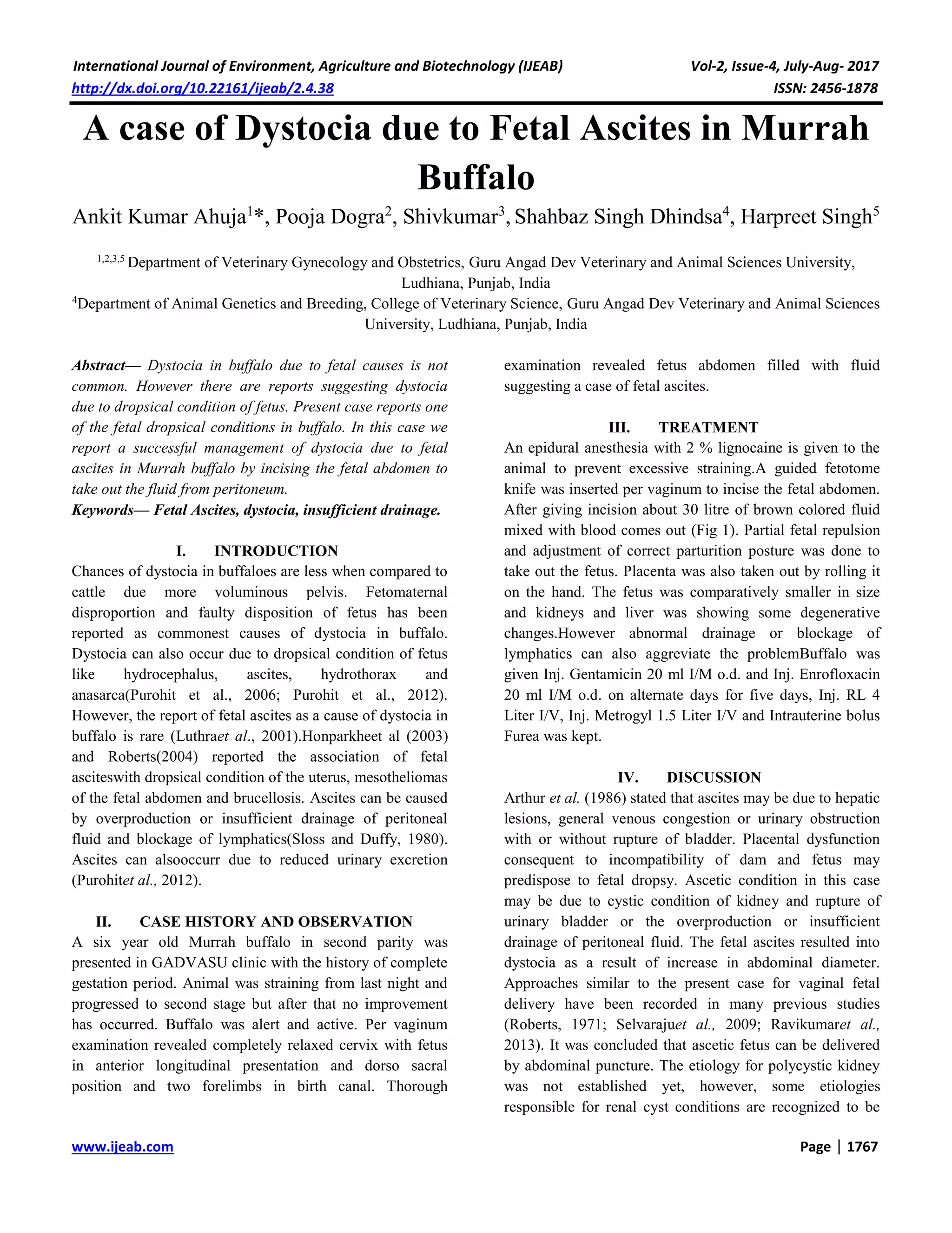 A case of Dystocia due to Fetal Ascites in Murrah Buffalo | PDF