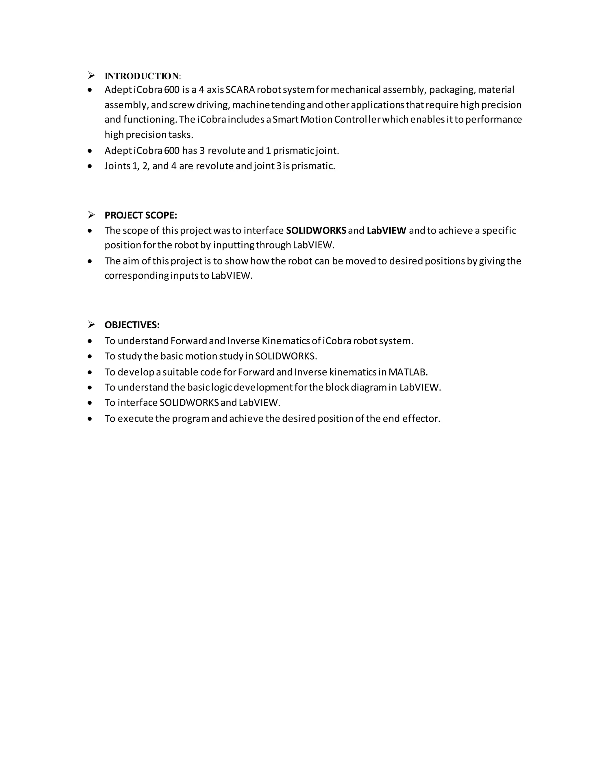 SOLIDWORKS LABVIEW INTERFACE FOR iCOBRA 600 ROBOT | DOCX