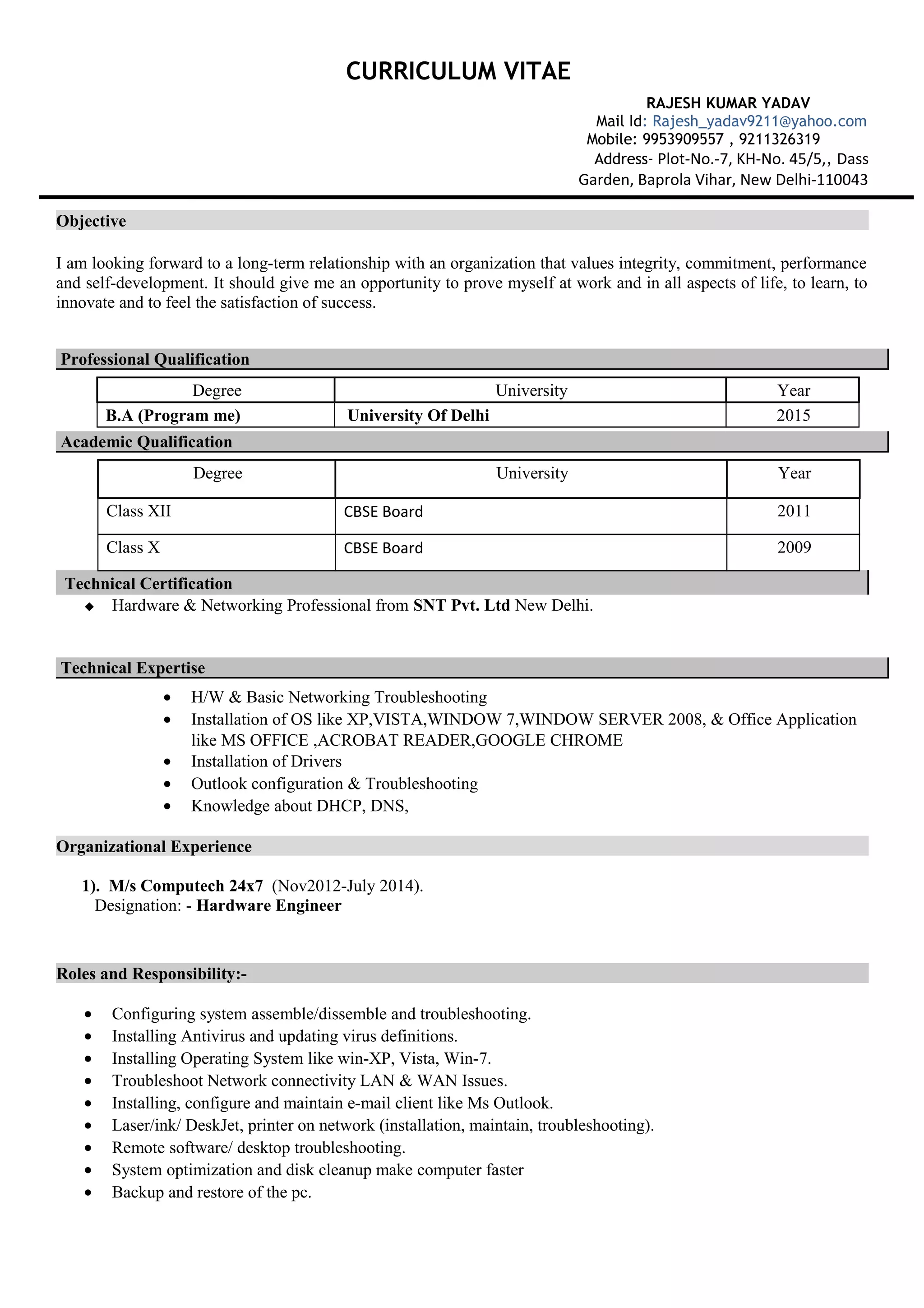 RAJESH KUMAR YADAV ...RESUME.. | PDF