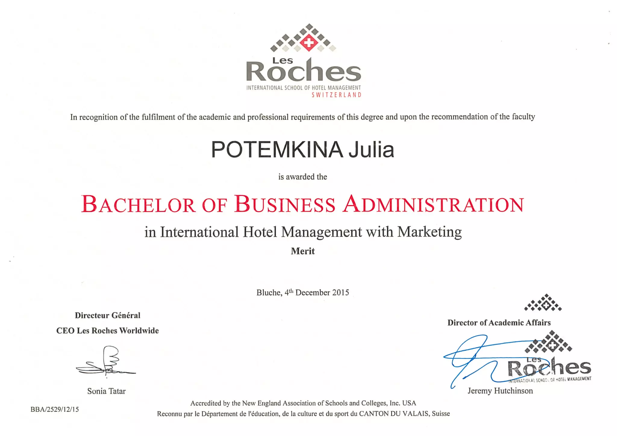 BBA Certificate Les Roches | PDF