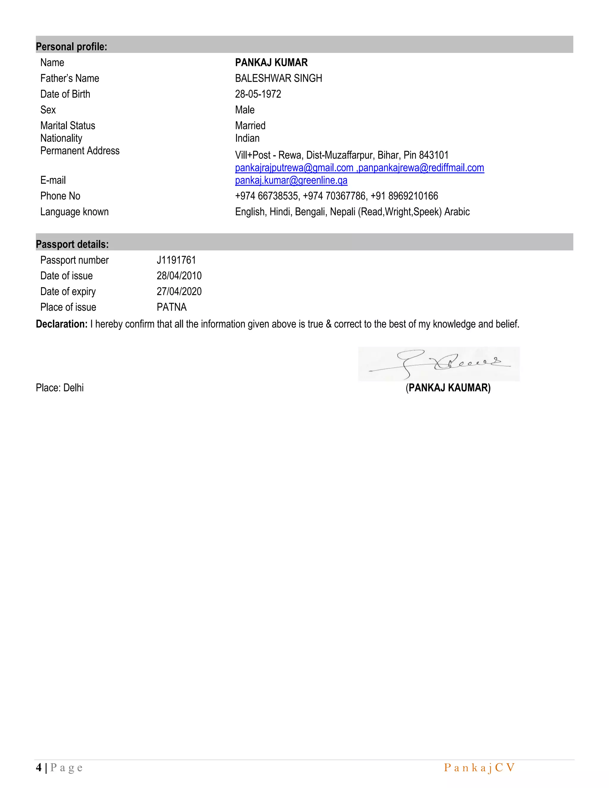 PANKAJ KUMAR CV | PDF