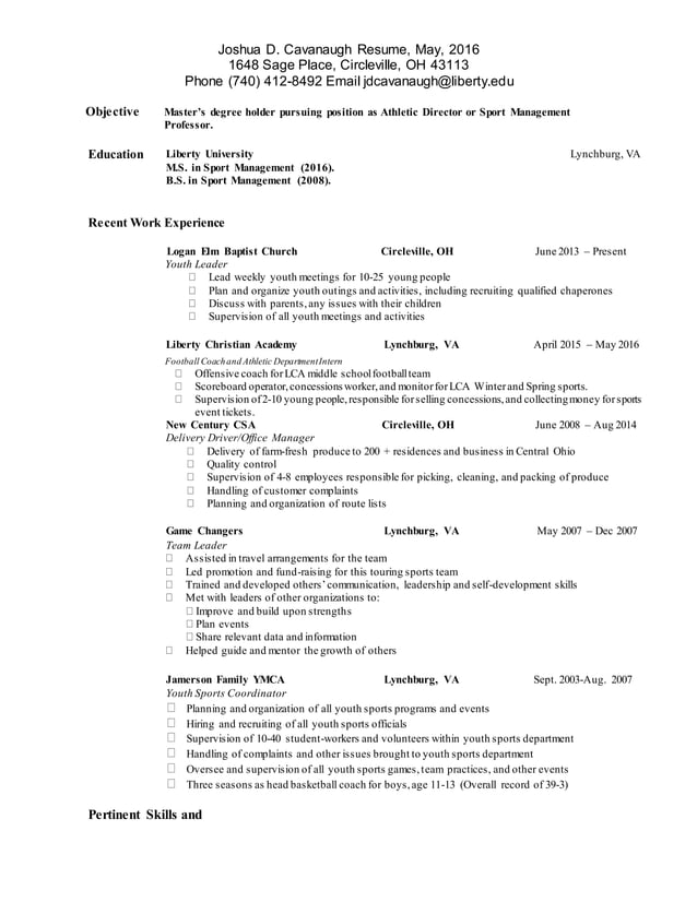 JoshCavanaugh_Resume_Generic_May_2016 | DOCX | Sports