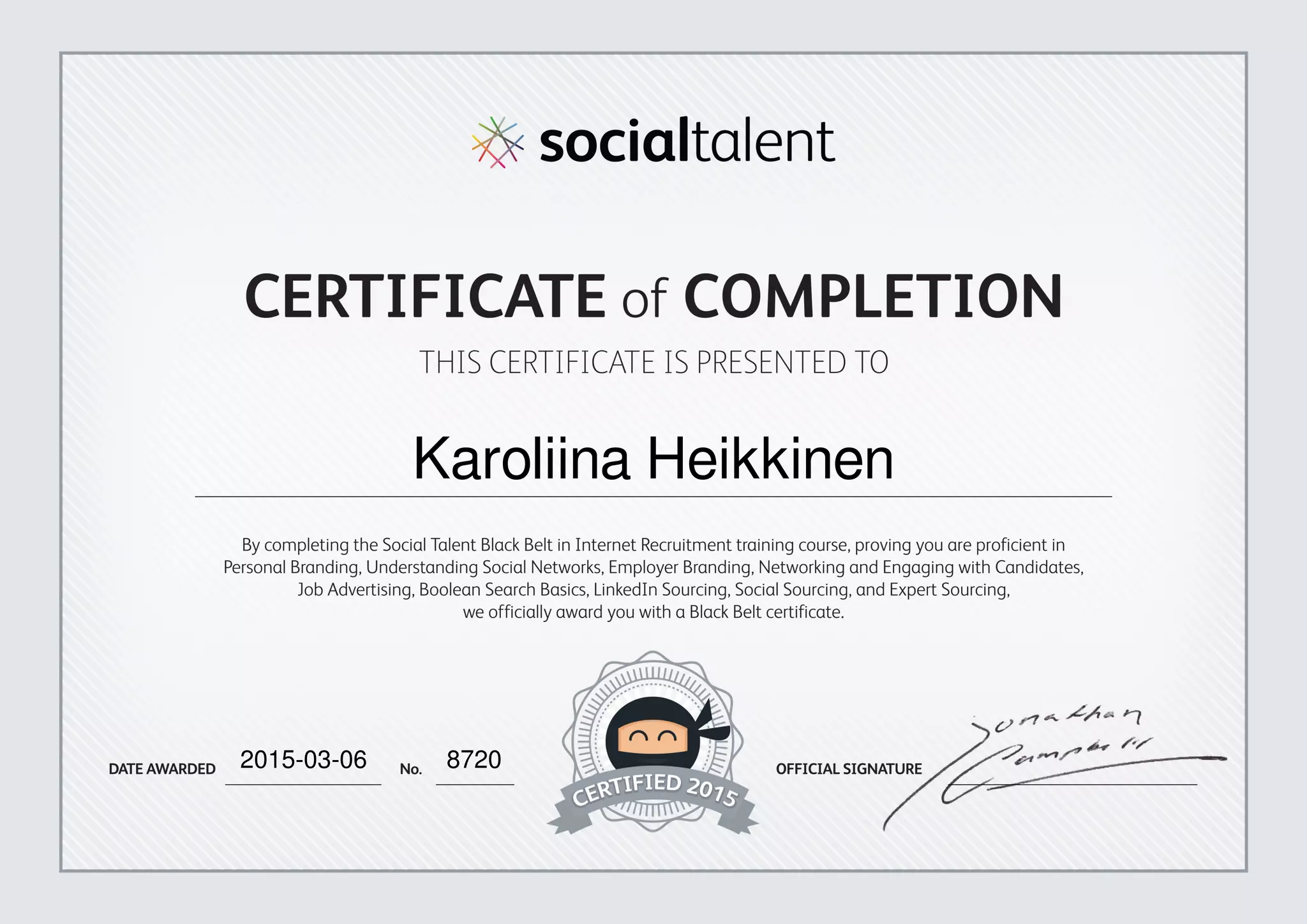 8720 Karoliina Heikkinen Black Belt Certificate | PDF