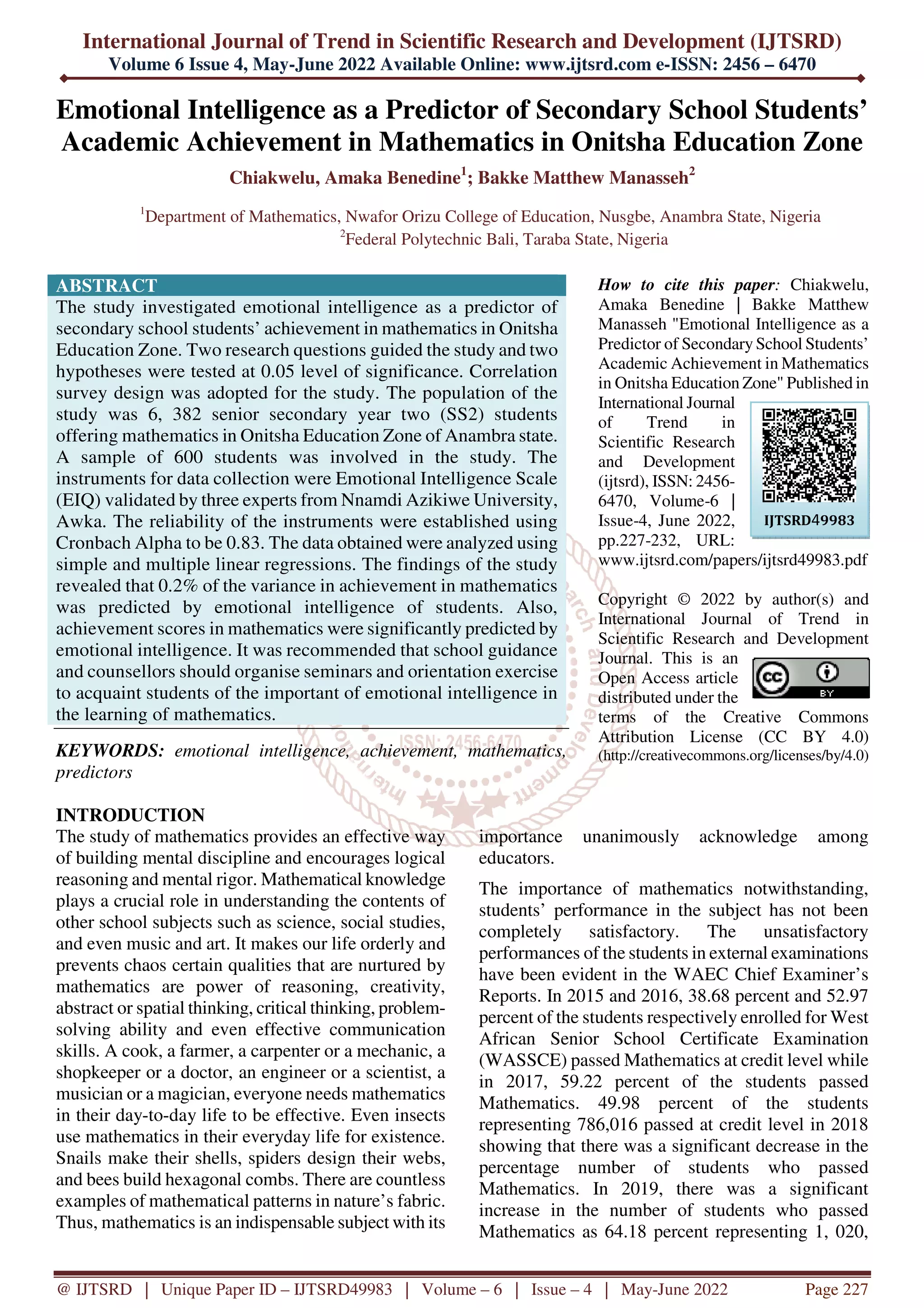 Emotional Intelligence as a Predictor of Secondary School Students ...