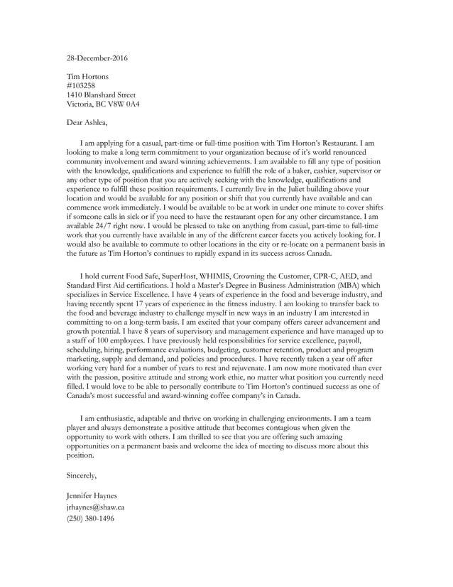 Tim Horton's Cover Letter | DOC | Career Advice | Careers
