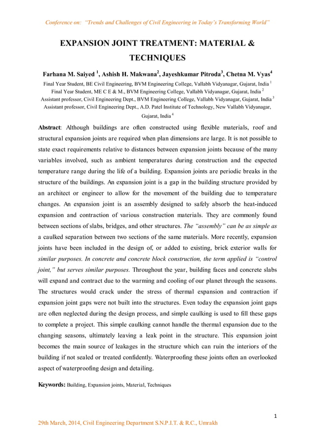 EXPANSION JOINT TREATMENT: MATERIAL & TECHNIQUES | PDF
