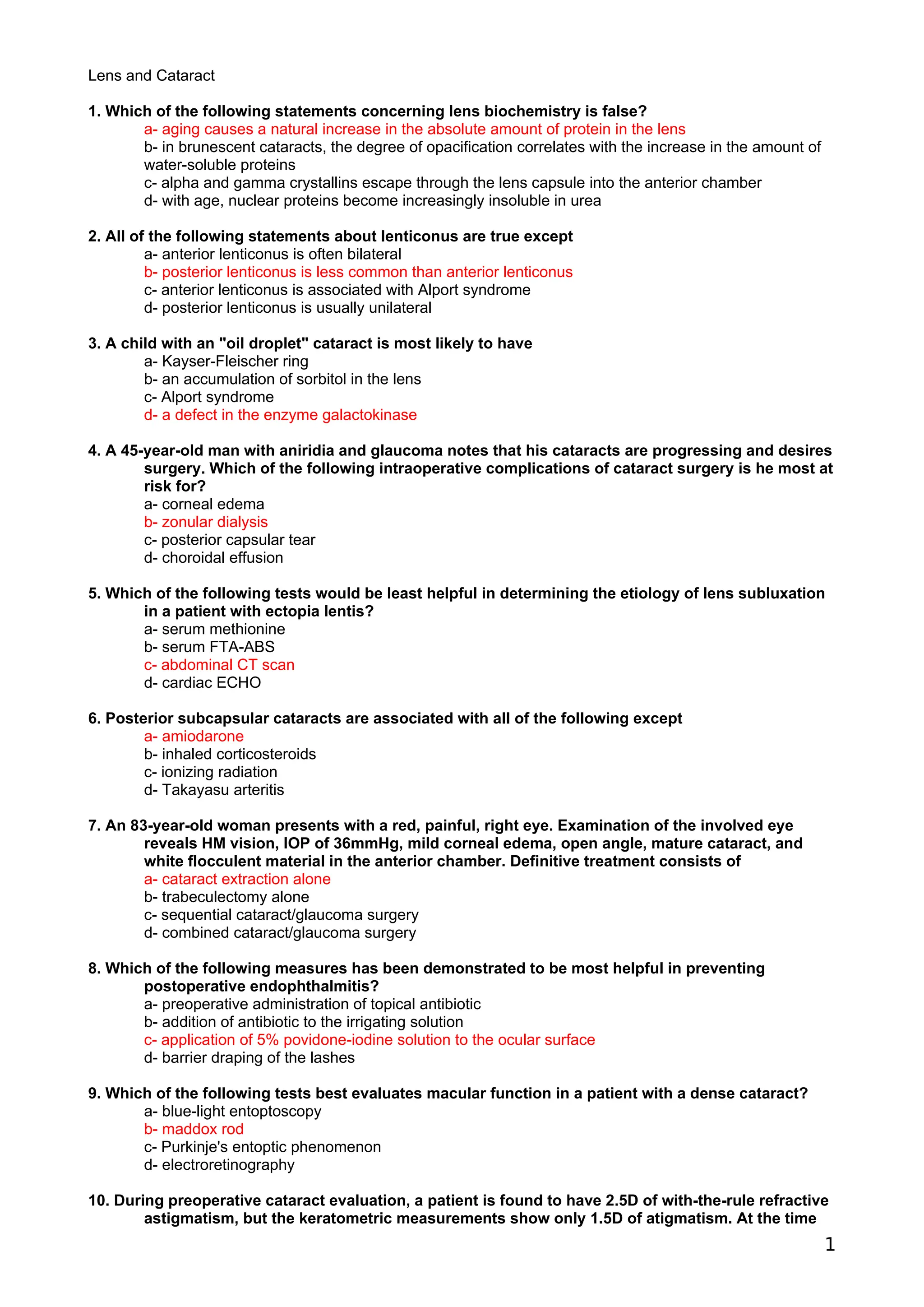 38 Multiple Choice Questions (MCQS) - Lens and cataract.doc
