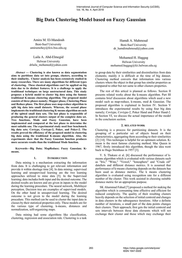 Big Data Clustering Model Based On Fuzzy Gaussian Pdf