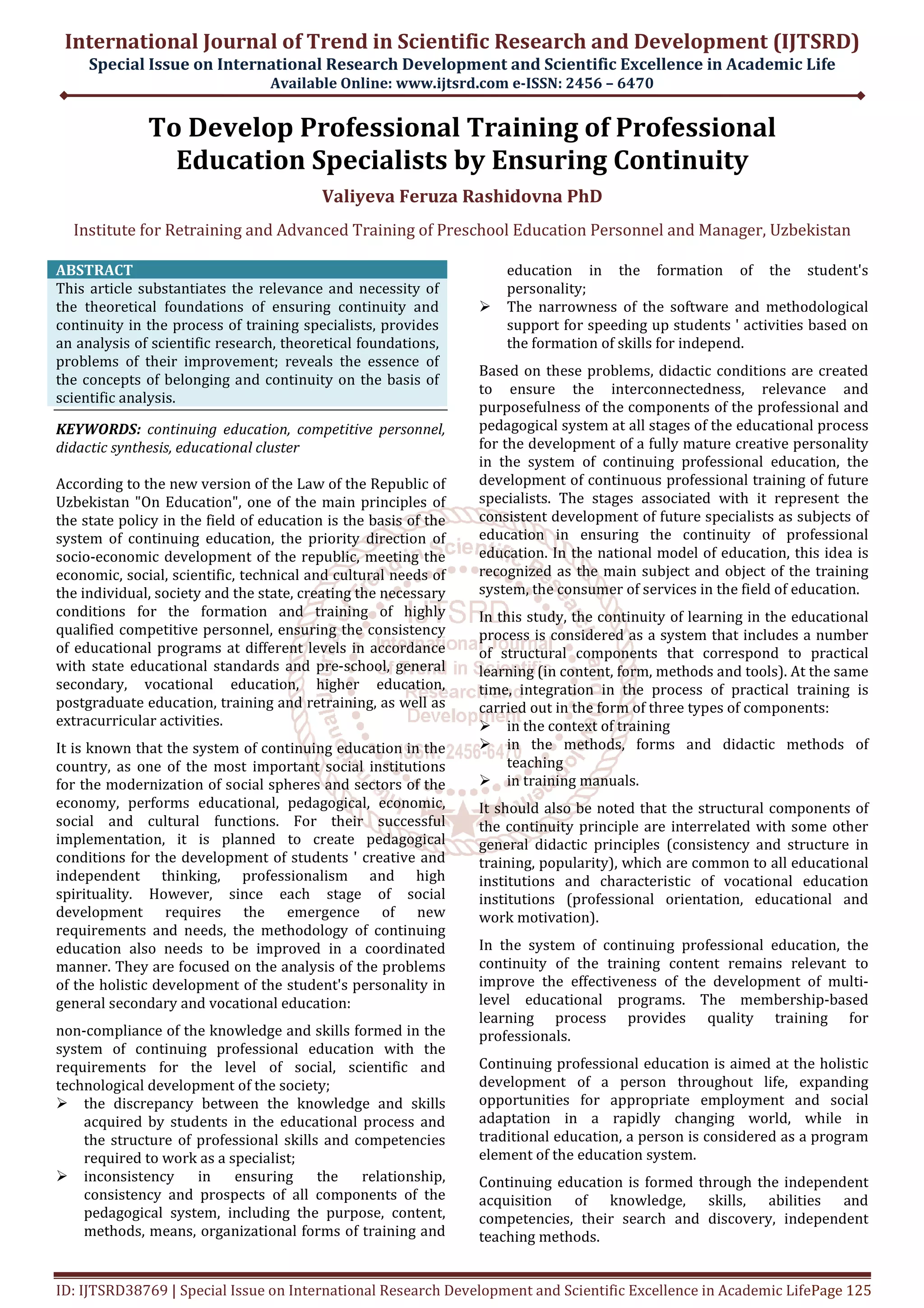 To Develop Professional Training of Professional Education Specialists ...