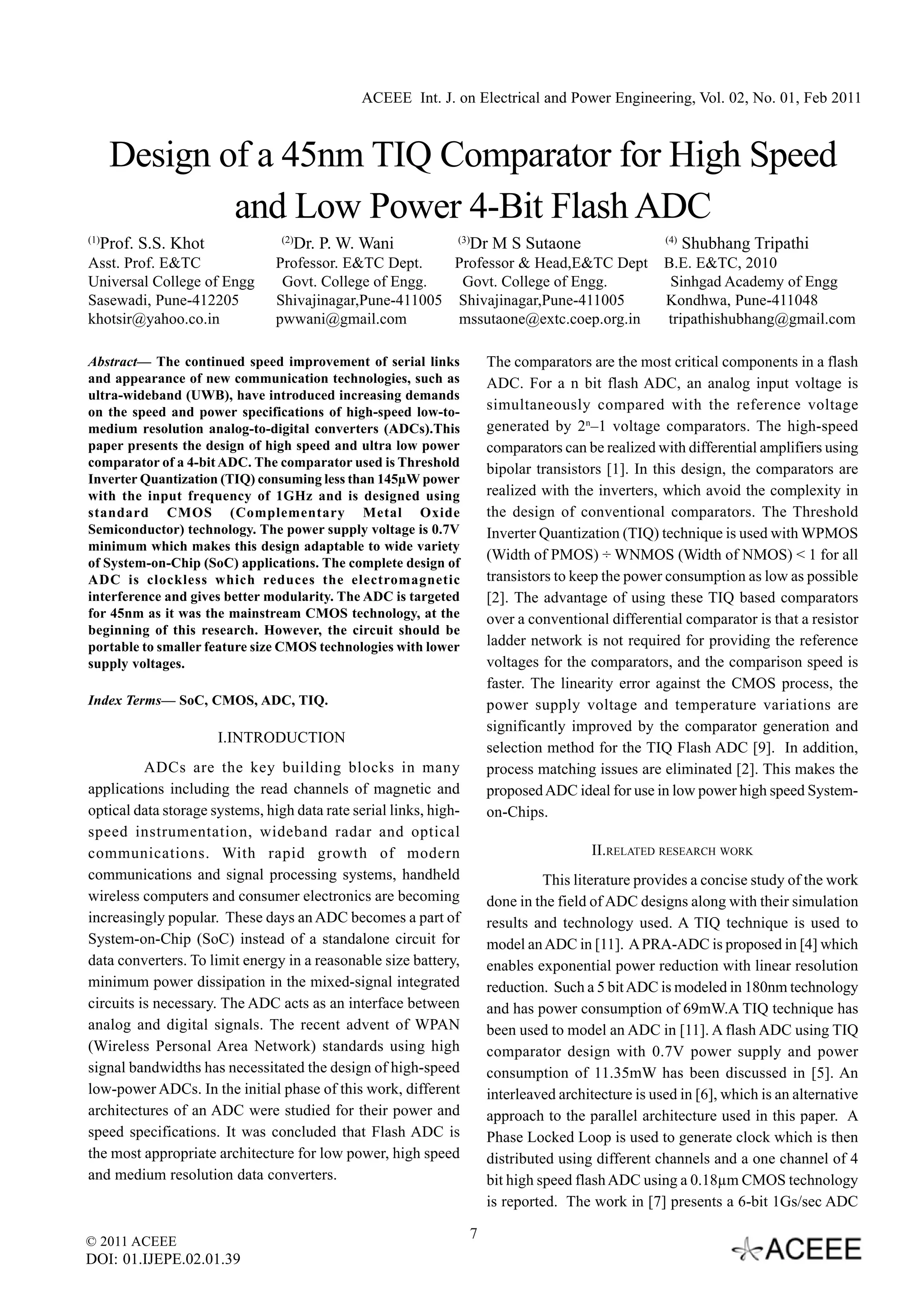 Design of a 45nm TIQ Comparator for High Speed and Low Power 4-Bit Flash ADC | PDF