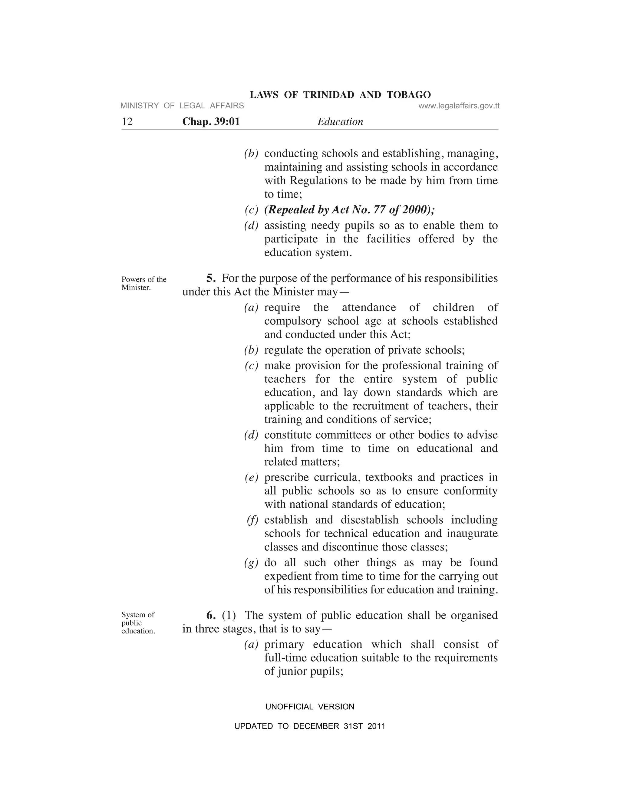 Education Act of Trinidad and Tobago updated to Dec 31st 2011 | PDF