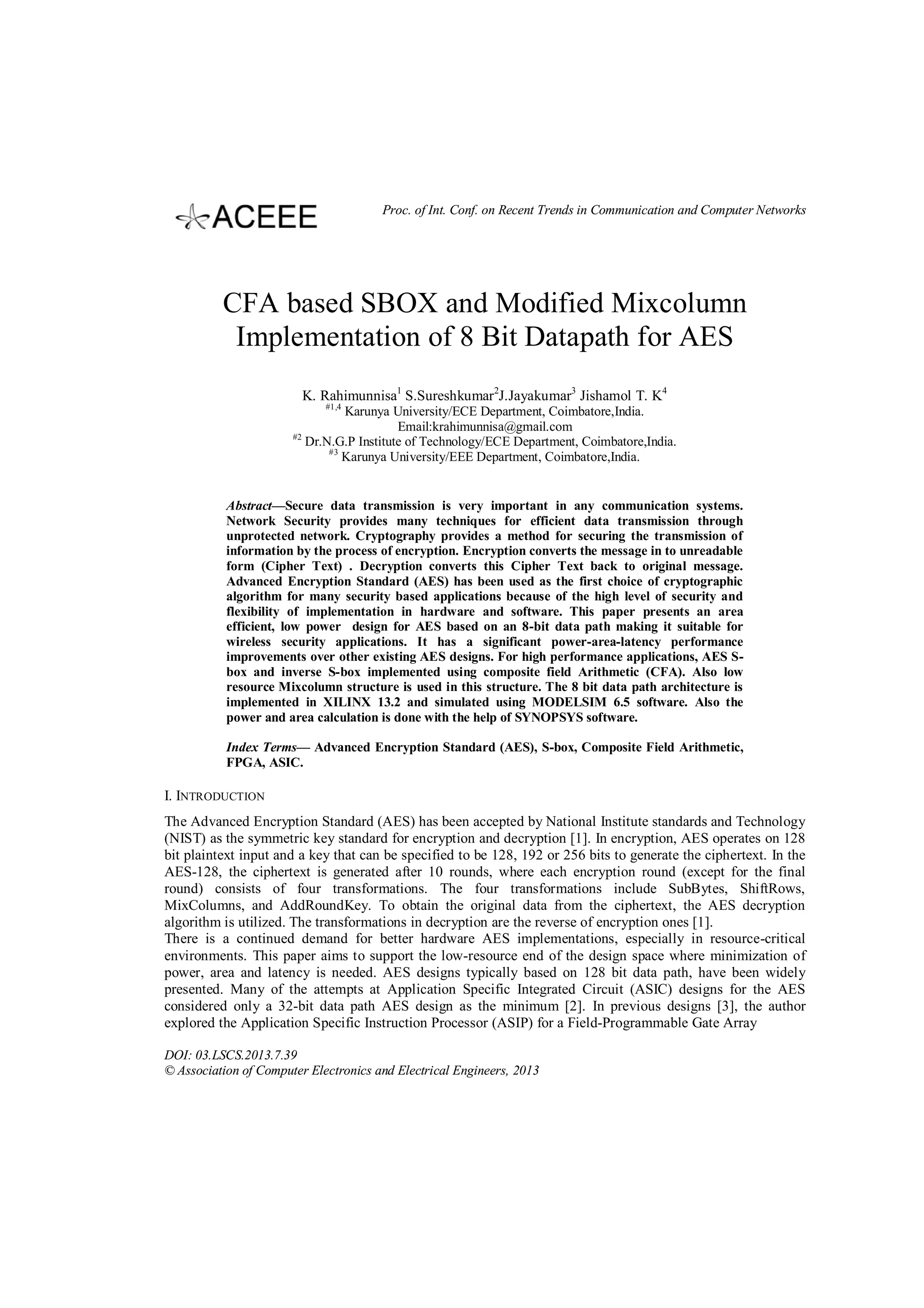 CFA based SBOX and Modified Mixcolumn Implementation of 8 Bit Datapath for AES | PDF