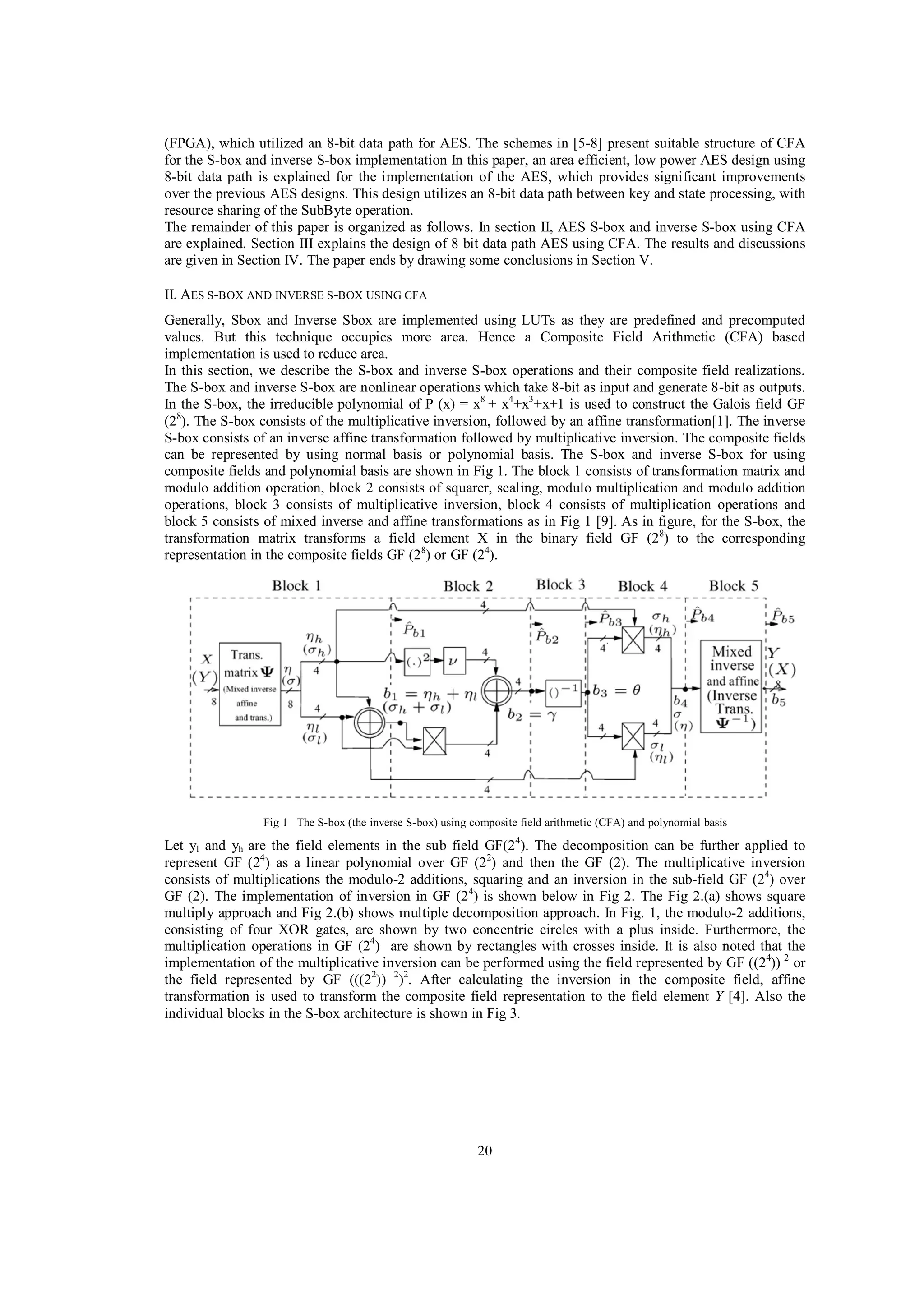 CFA based SBOX and Modified Mixcolumn Implementation of 8 Bit Datapath for AES | PDF