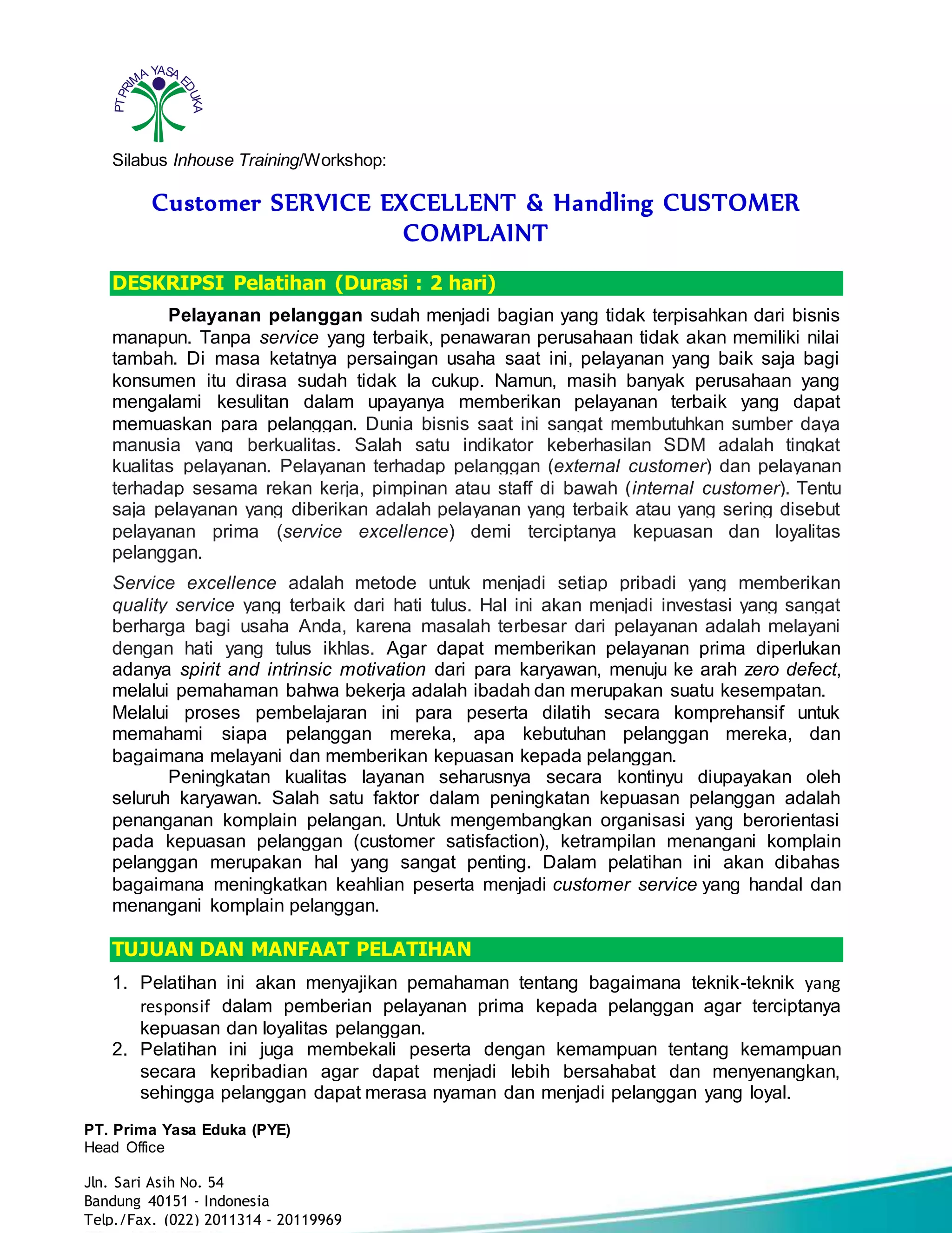 Silabus Training "Customer SEVICE EXCELLENT & Handling CUSTOMER ...