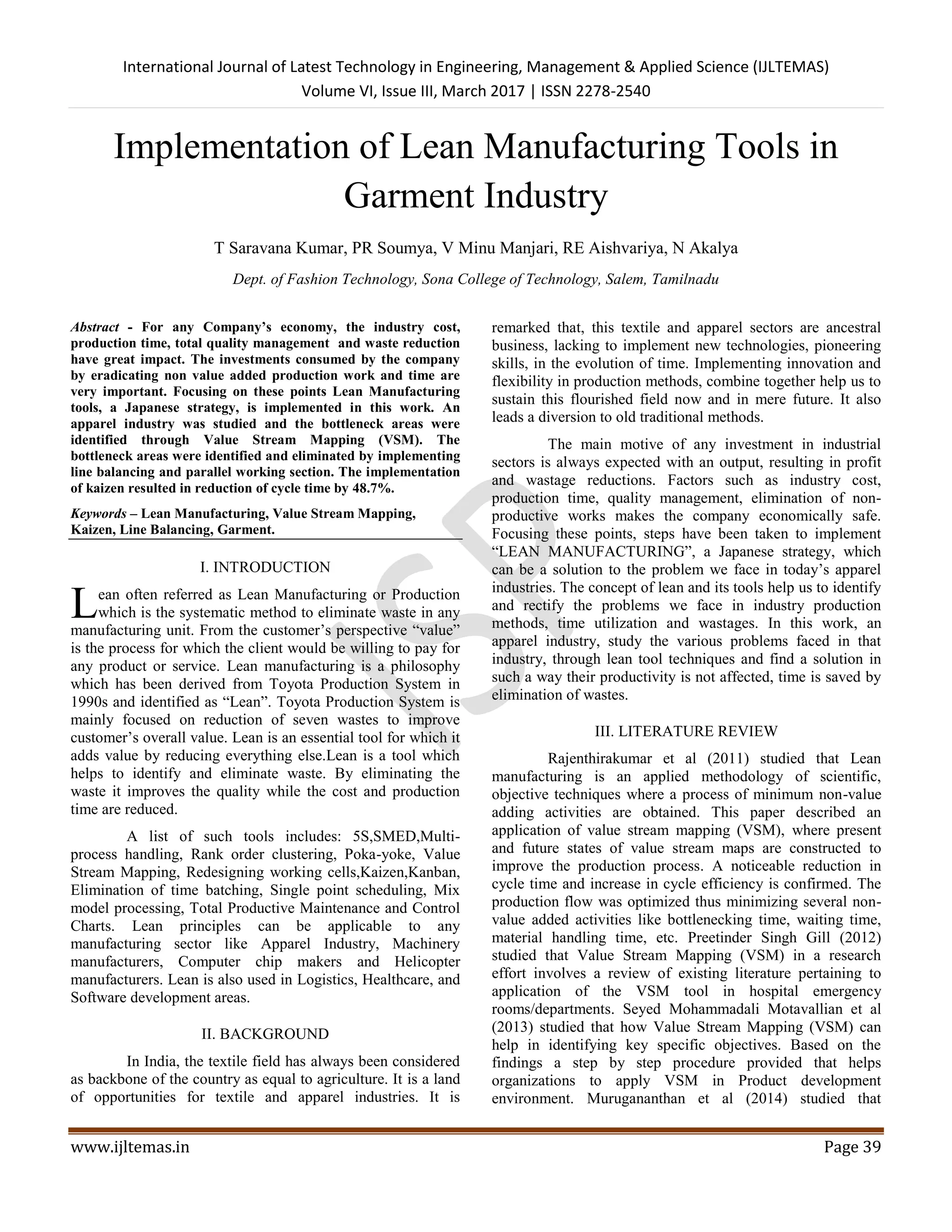 Implementation of Lean Manufacturing Tools in Garment Industry | PDF