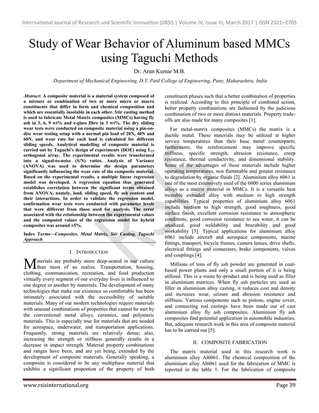 Study of Wear Behavior of Aluminum based MMCs using Taguchi Methods | PDF