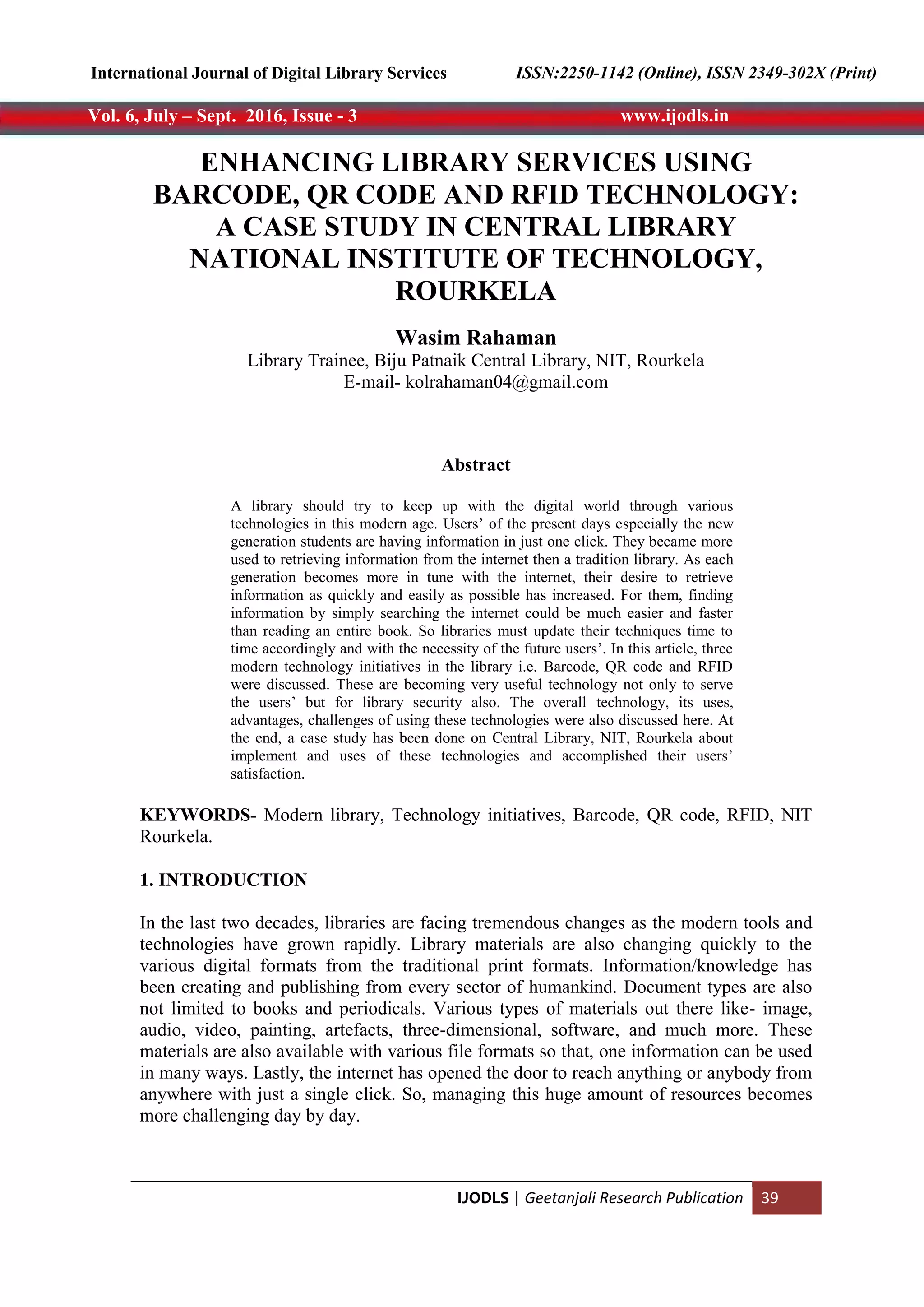 ENHANCING LIBRARY SERVICES USING BARCODE, QR CODE AND RFID TECHNOLOGY ...