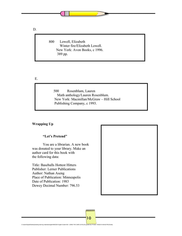 Card Catalog for Grade VI & V sss | PDF | Books and Literature
