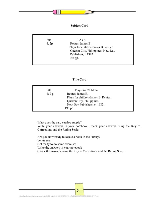 Card Catalog for Grade VI & V sss | PDF | Books and Literature