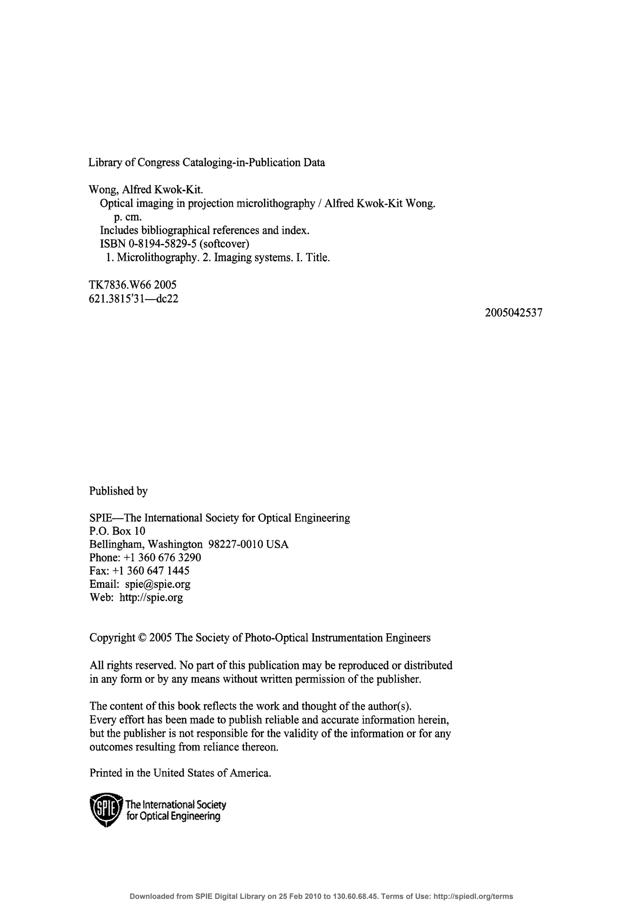Optical Imaging in Projection Microlithography Alfred Kwok-Kit Wong | PDF