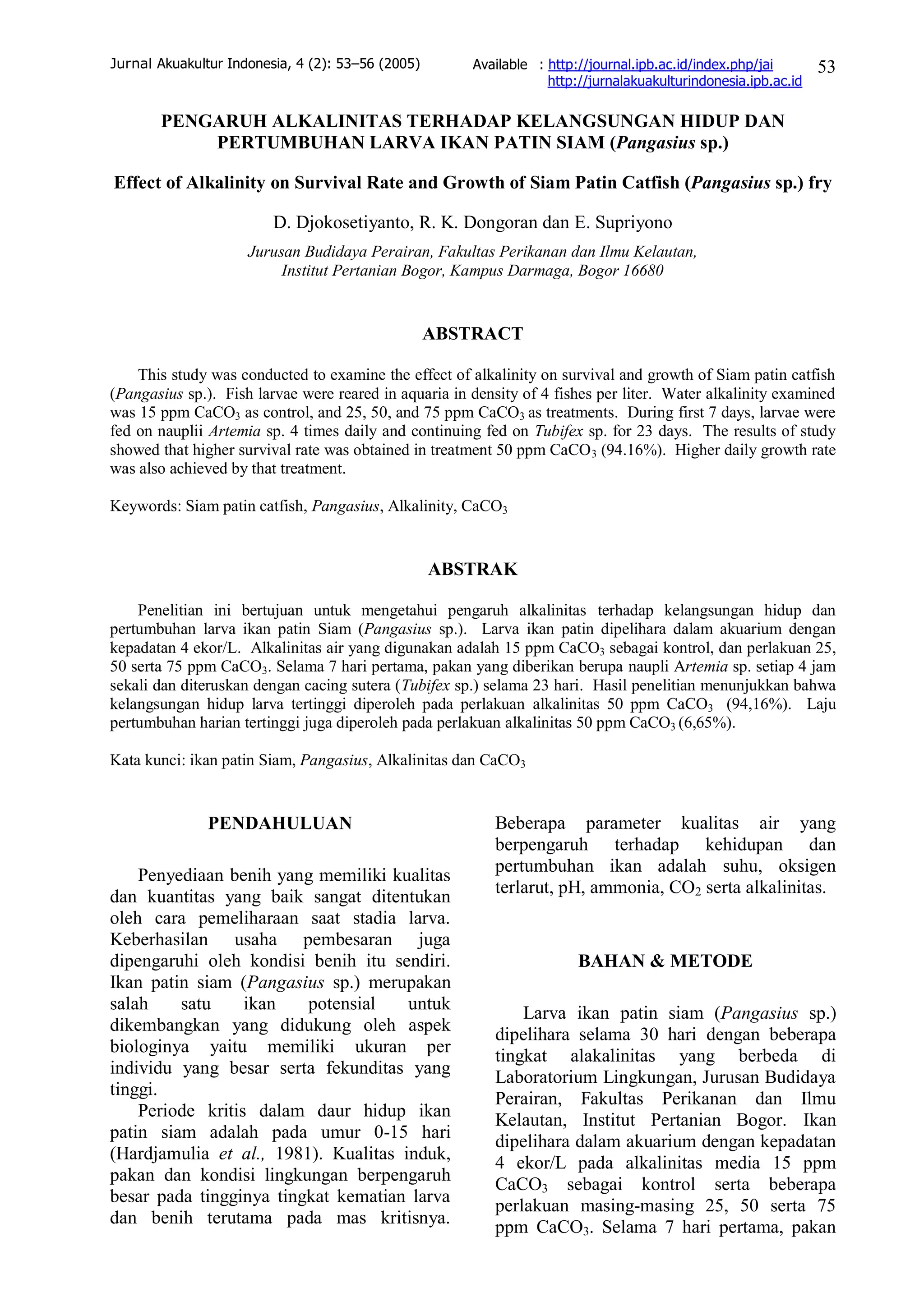 PENGARUH ALKALINITAS TERHADAP KELANGSUNGAN HIDUP DAN PERTUMBUHAN LARVA ...
