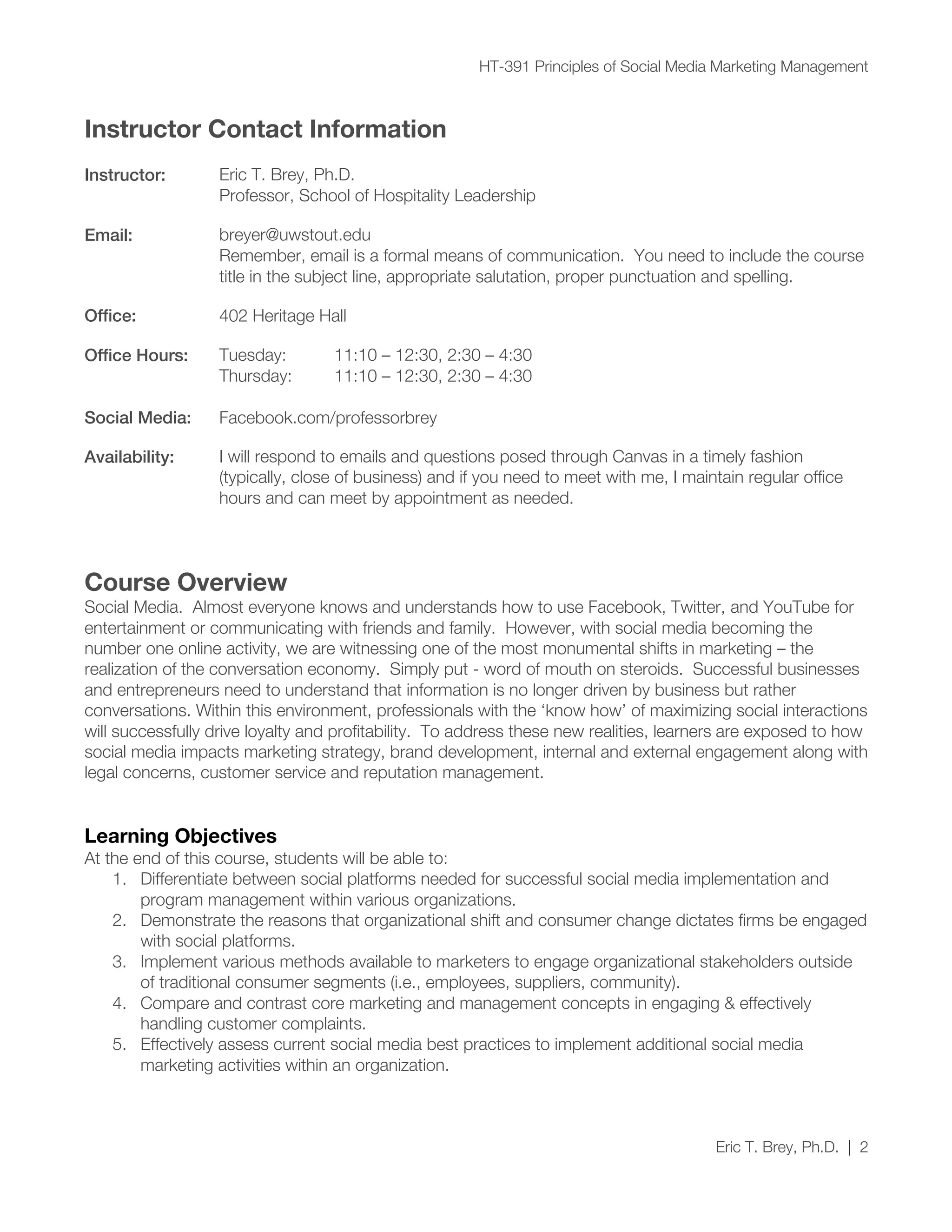 Principles of Social Media Management Syllabus | PDF