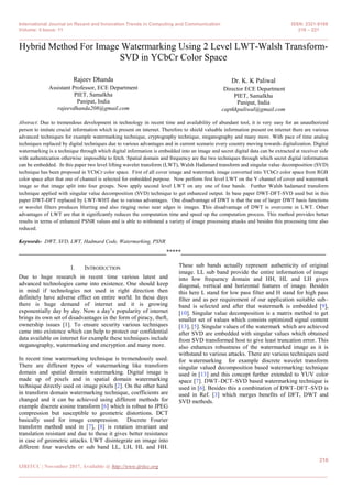 Hybrid Method For Image Watermarking Using 2 Level LWT-Walsh Transform-SVD in YCbCr Color Space ...