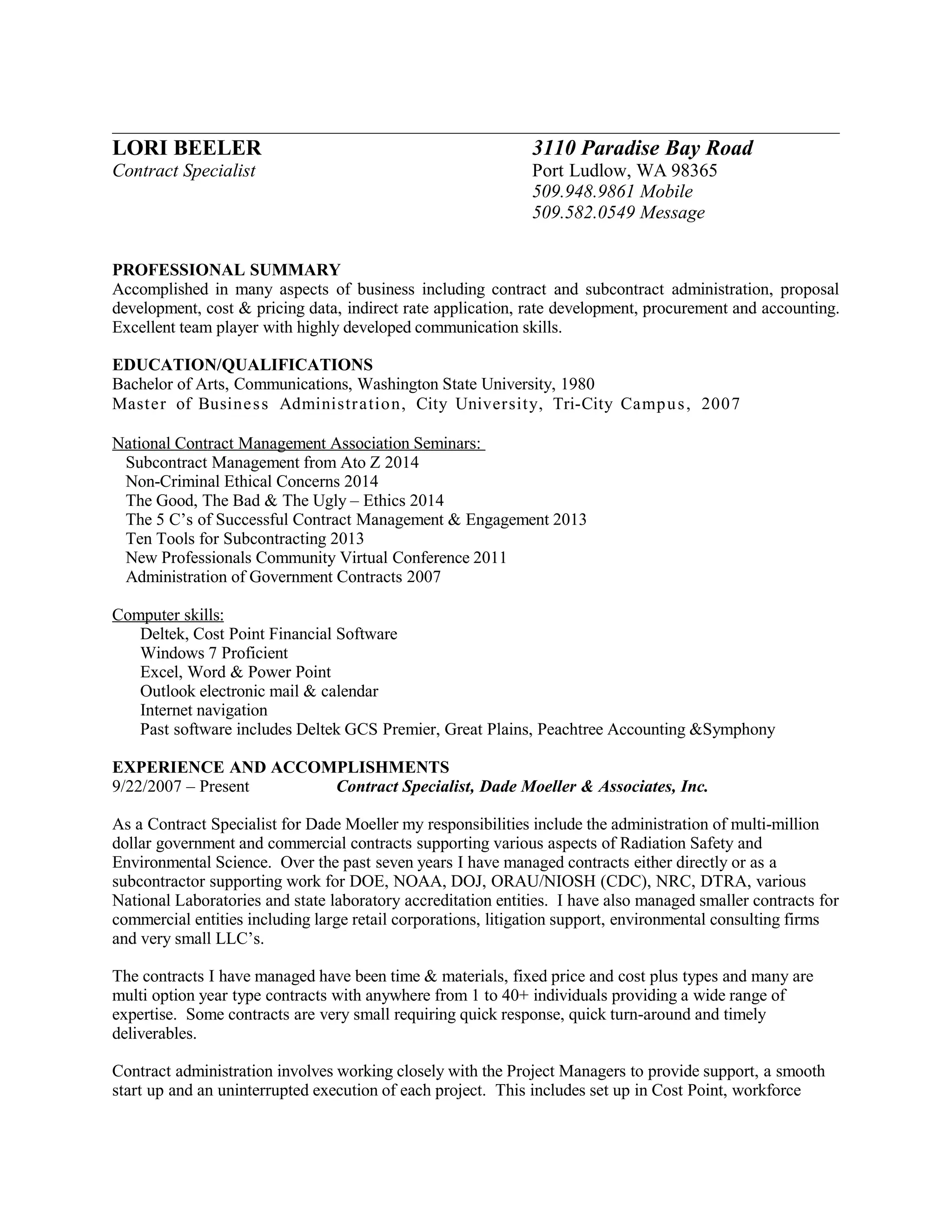 Resume Lori Beeler 6-2015 Port Ludlow | PDF