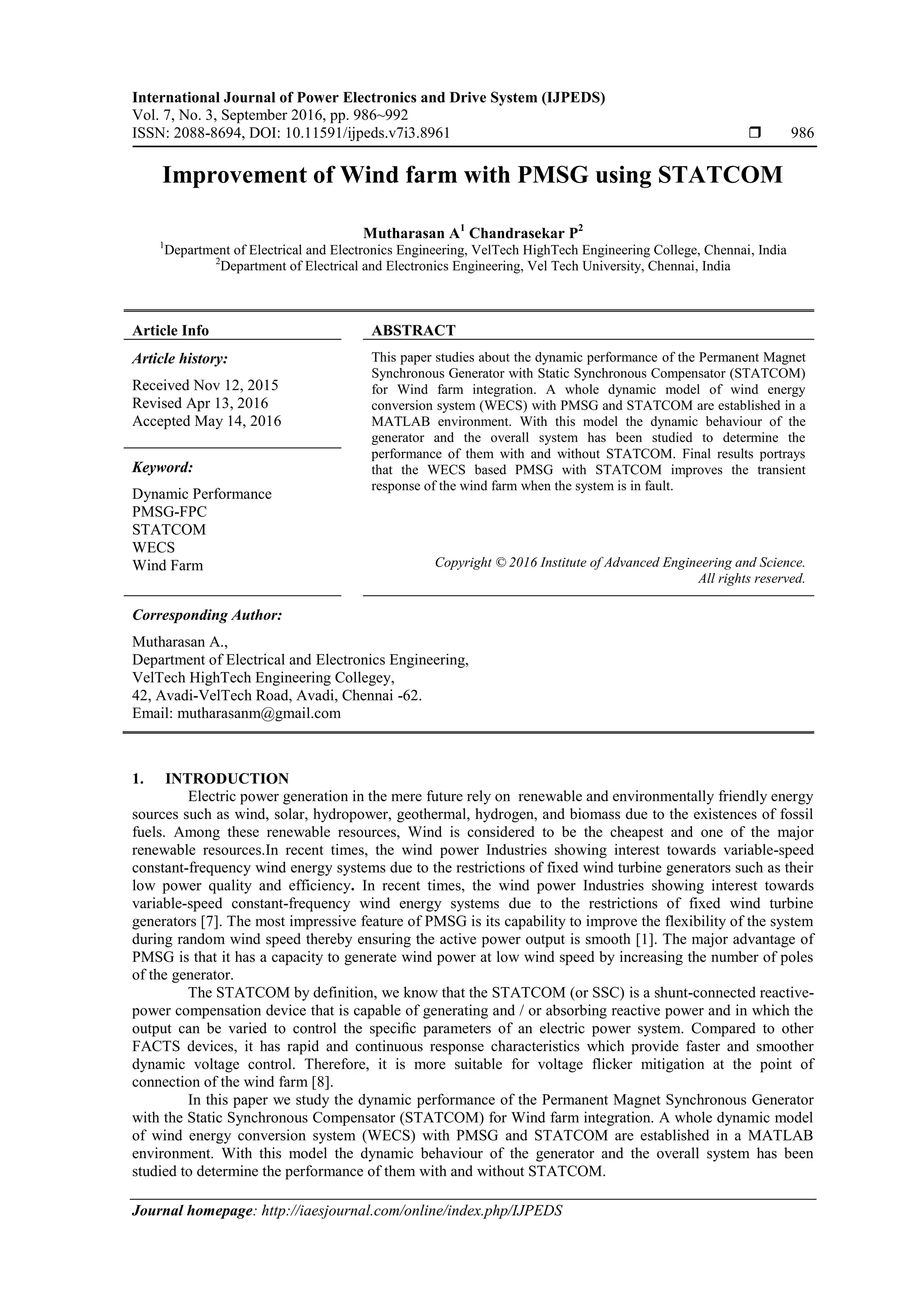 Improvement of Wind farm with PMSG using STATCOM | PDF