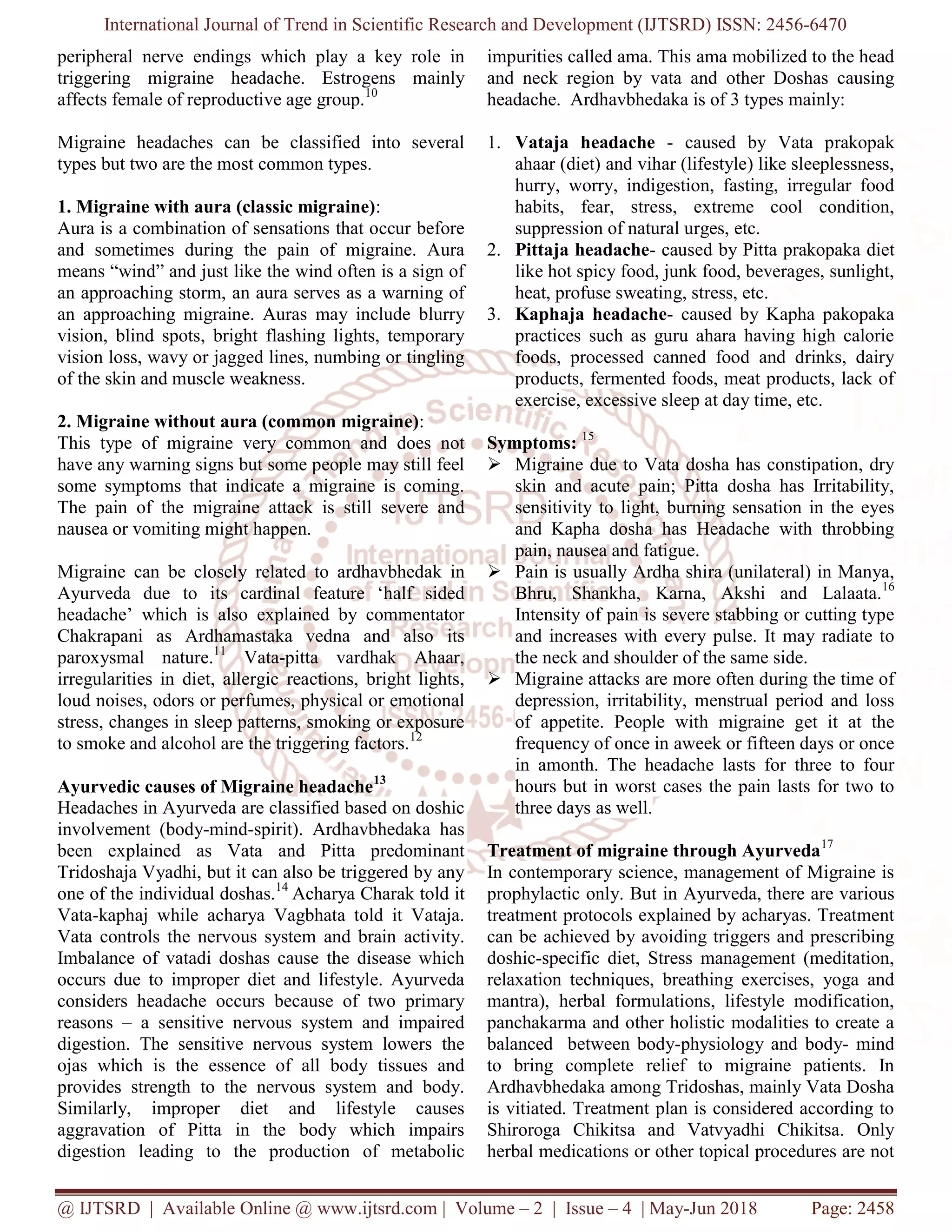 Conceptual Study of Migraine in Ayurveda (Ardhavbhedaka) | PDF