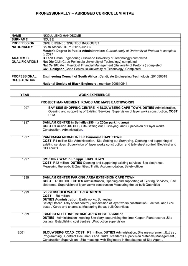 Nkululeko Ncube CV.doc ABRIDGED | PDF | Civil Engineering Industry | Industries