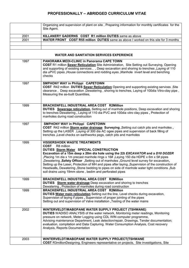 Nkululeko Ncube CV.doc ABRIDGED | PDF | Civil Engineering Industry | Industries