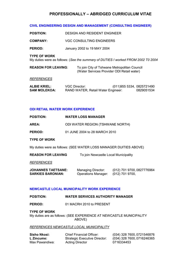 Nkululeko Ncube CV.doc ABRIDGED | PDF | Civil Engineering Industry ...