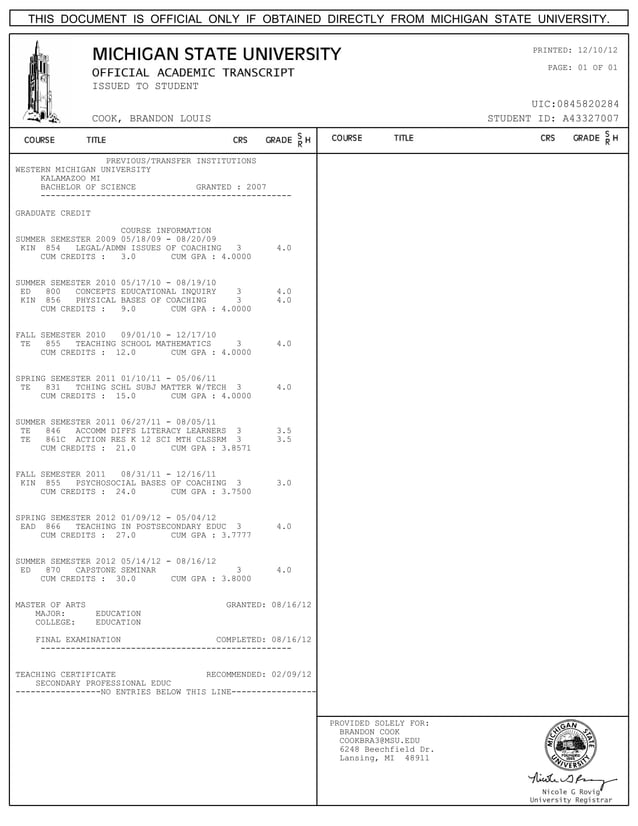 Unofficial Transcript - Brandon Cook | PDF