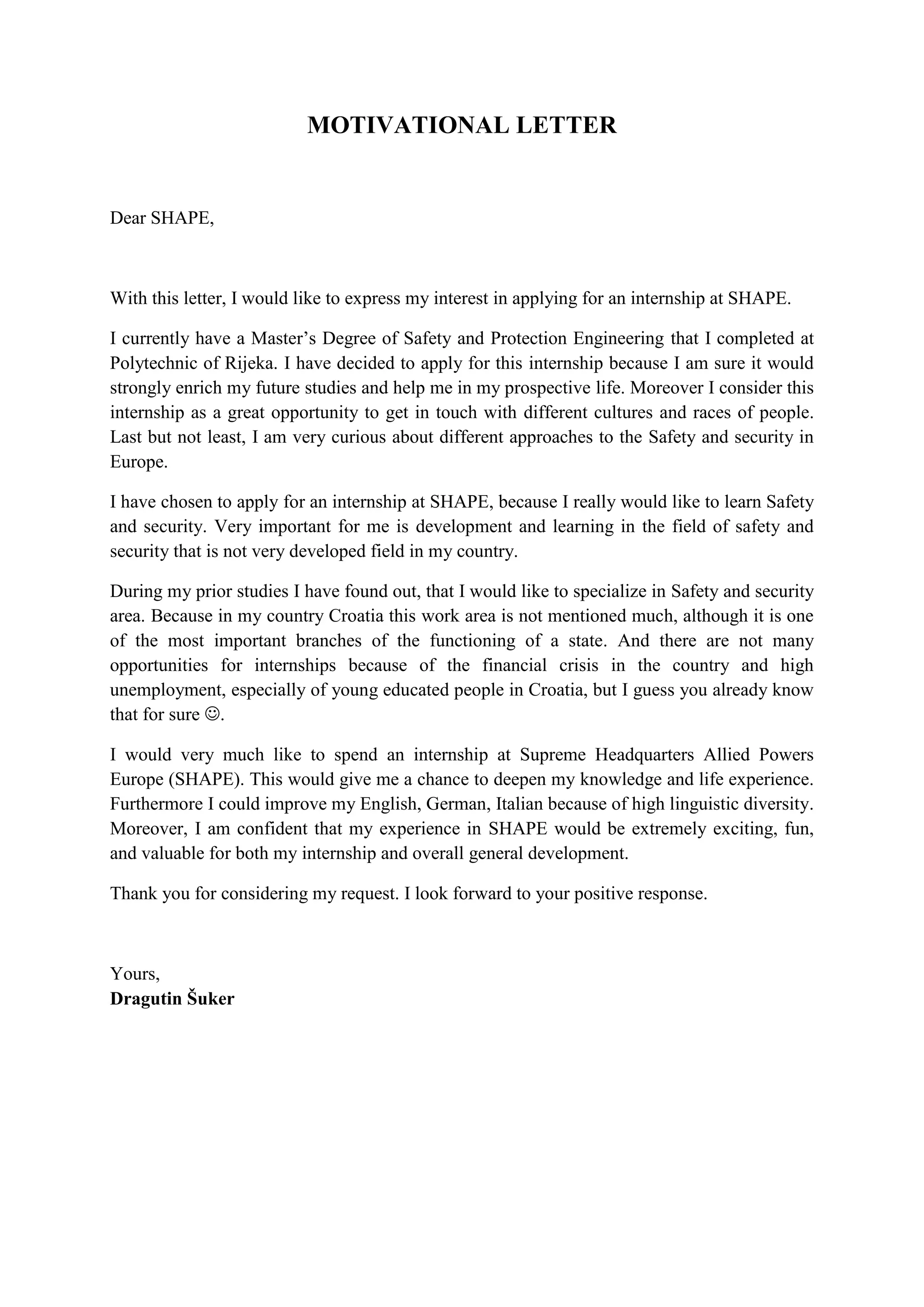 example of a MOTIVATIONAL LETTER, Dragutin Šuker | PDF | Education