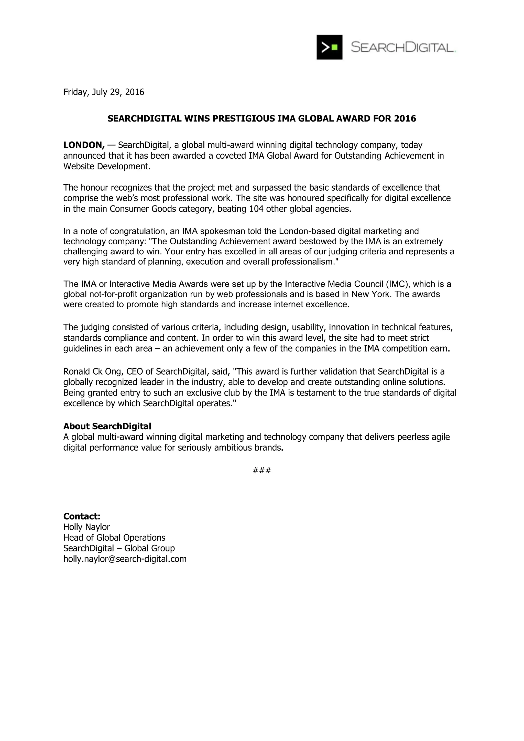 SearchDigital - 2016 IMA Award Winners - Press Release | PDF