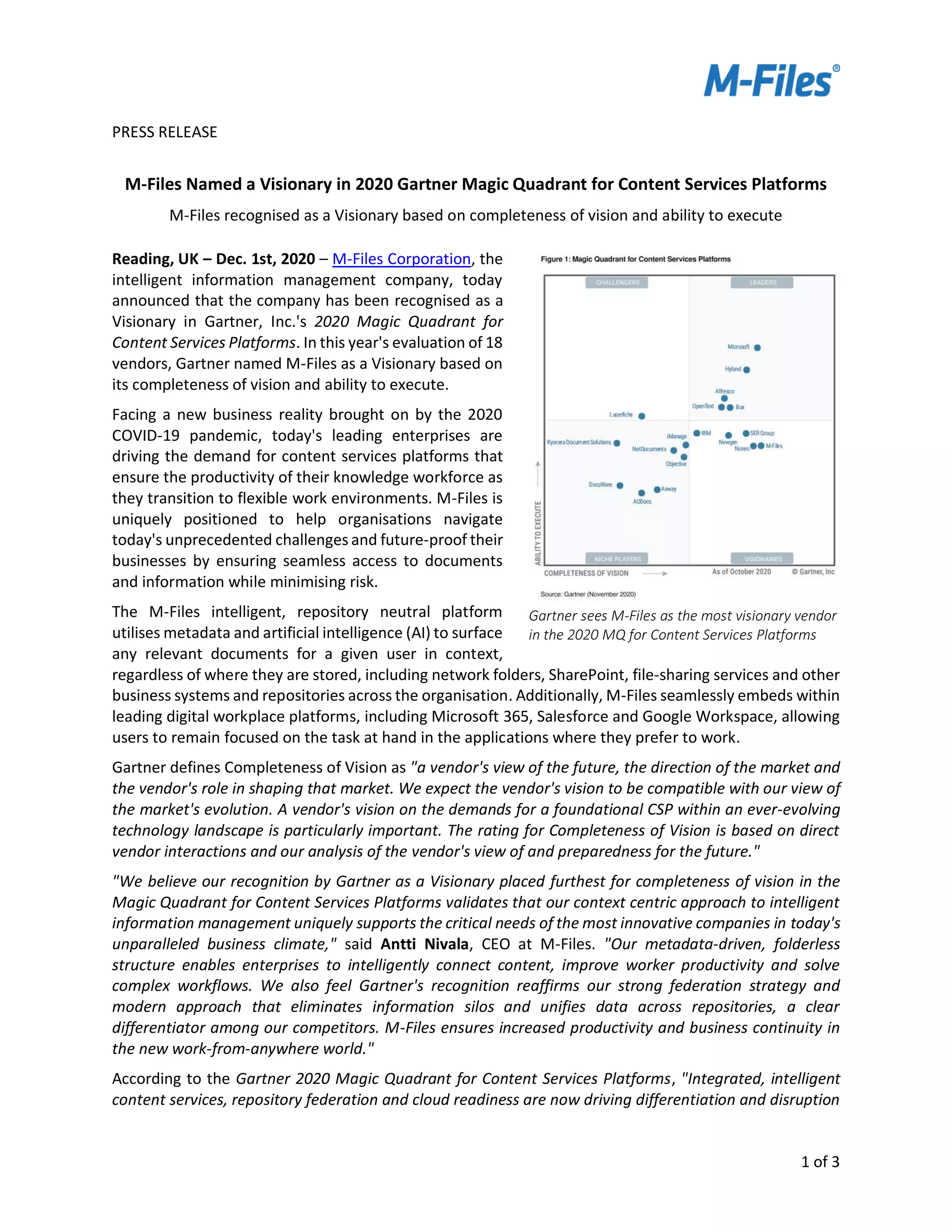 M-Files Named a Visionary in 2020 Gartner Magic Quadrant for Content ...