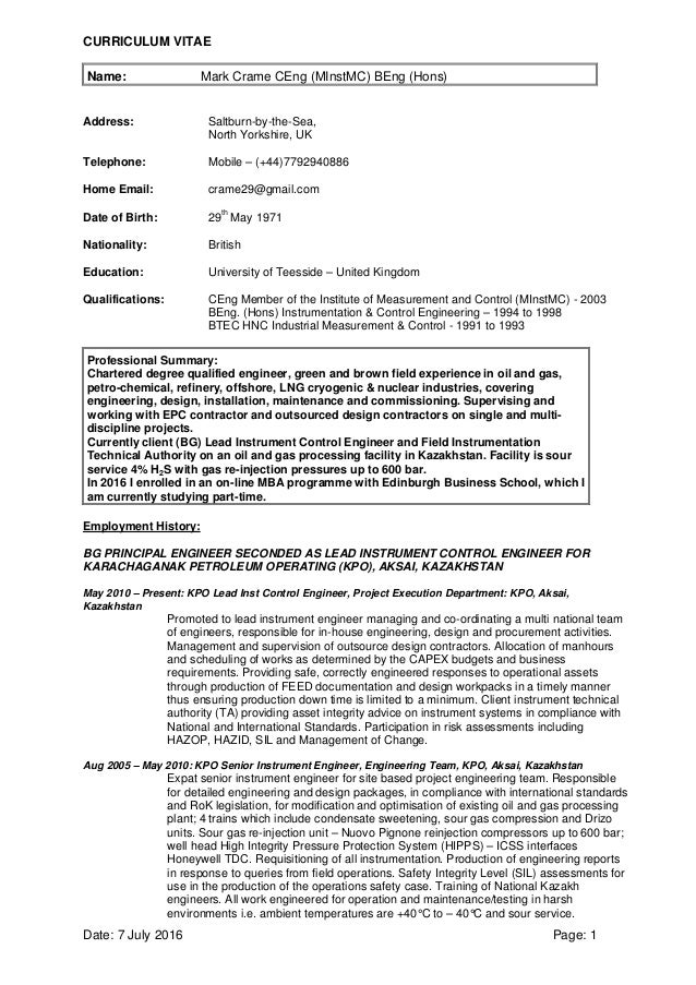 Mark Crame Lead Instrument Engineer CV